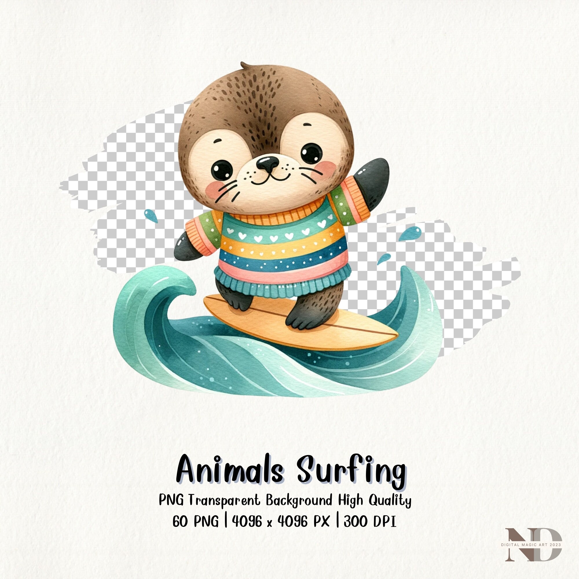 Watercolor Animals Surfing Clipart Surf Animals PNG Sea and Beach ...