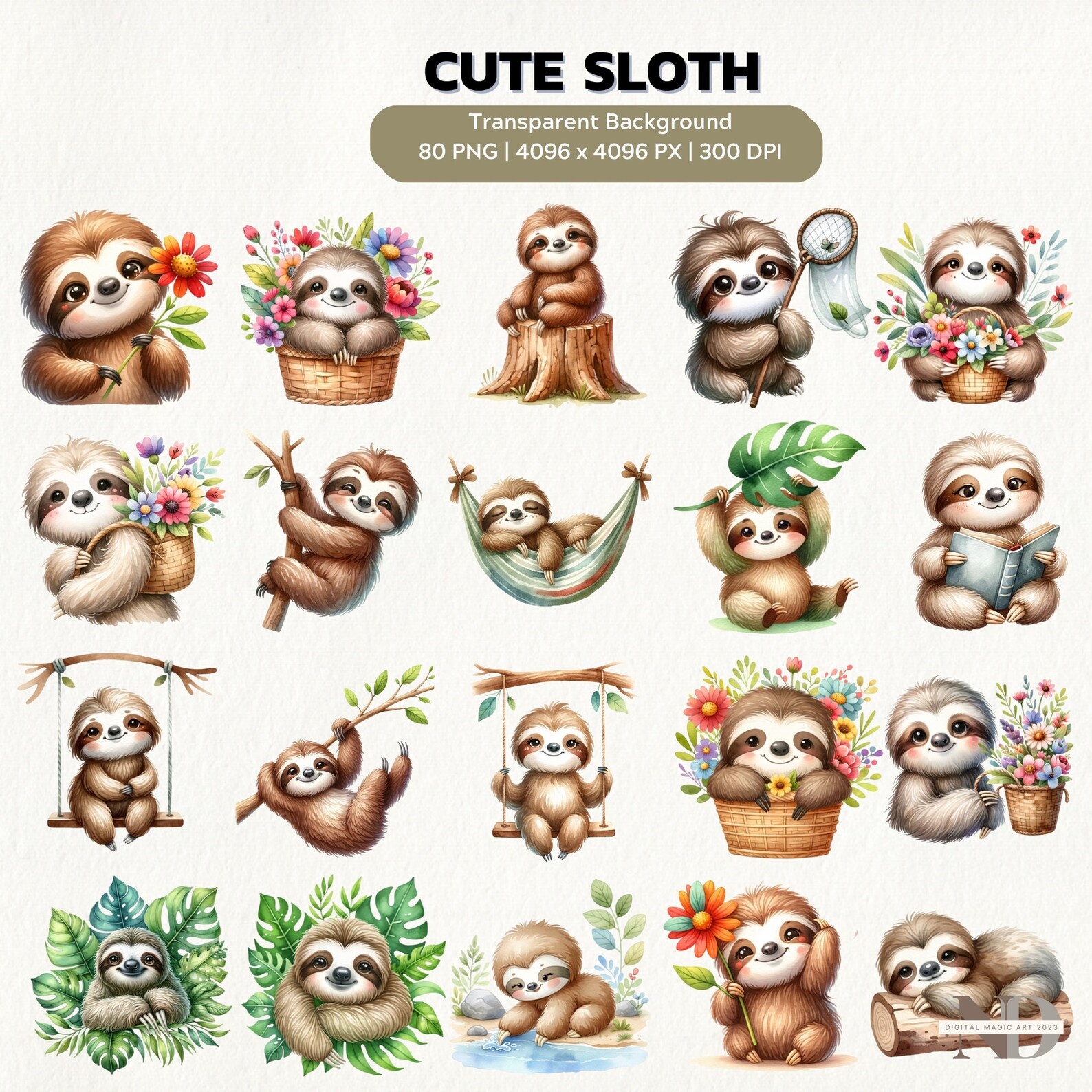 Watercolor Cute Sloth Clipart Sloth PNG Baby Sloth Clipart Cute Animal ...