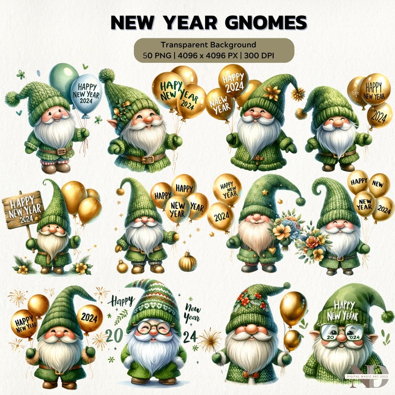 Watercolor New Year Gnome Clipart 2024 Happy New Year Clipart Cute ...