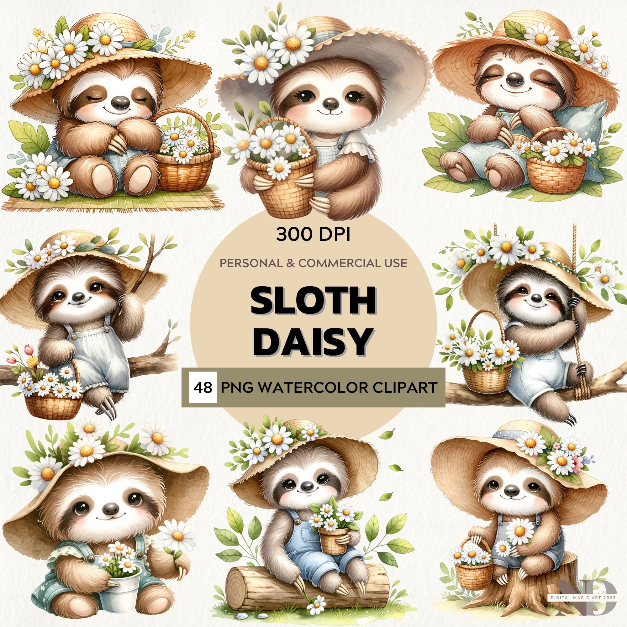 Watercolor Sloth Daisy Clipart Cute Sloth PNG Spring Daisy Flower Cute ...