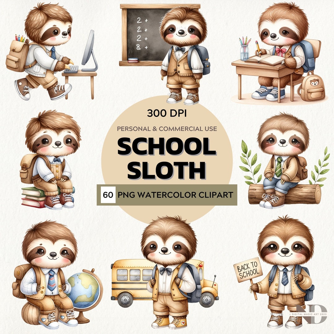 Watercolor School Sloth Clipart Cute Sloth PNG Kids School Back to ...