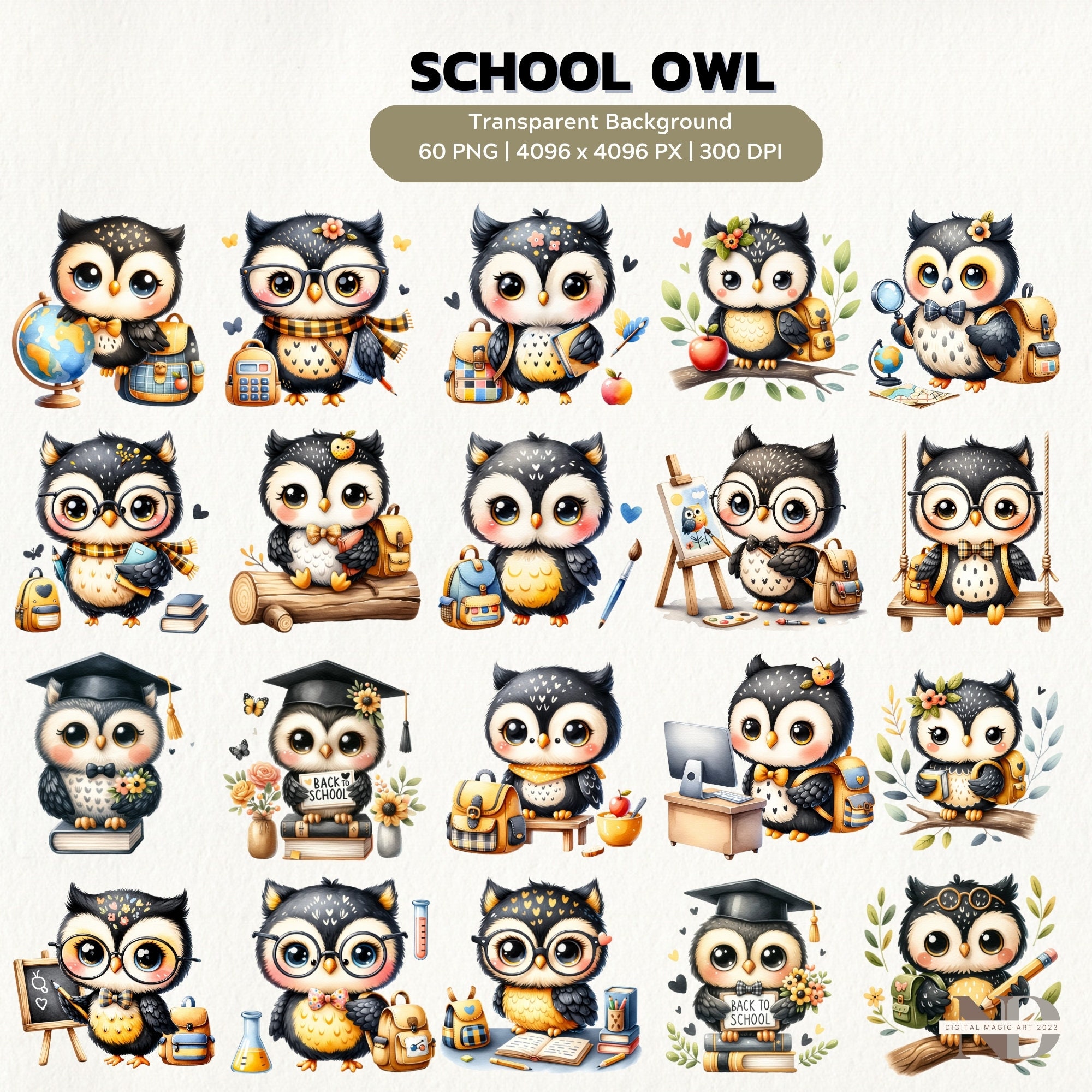 Watercolor School Owl Clipart Cute Owl PNG Kids School Students Clipart ...