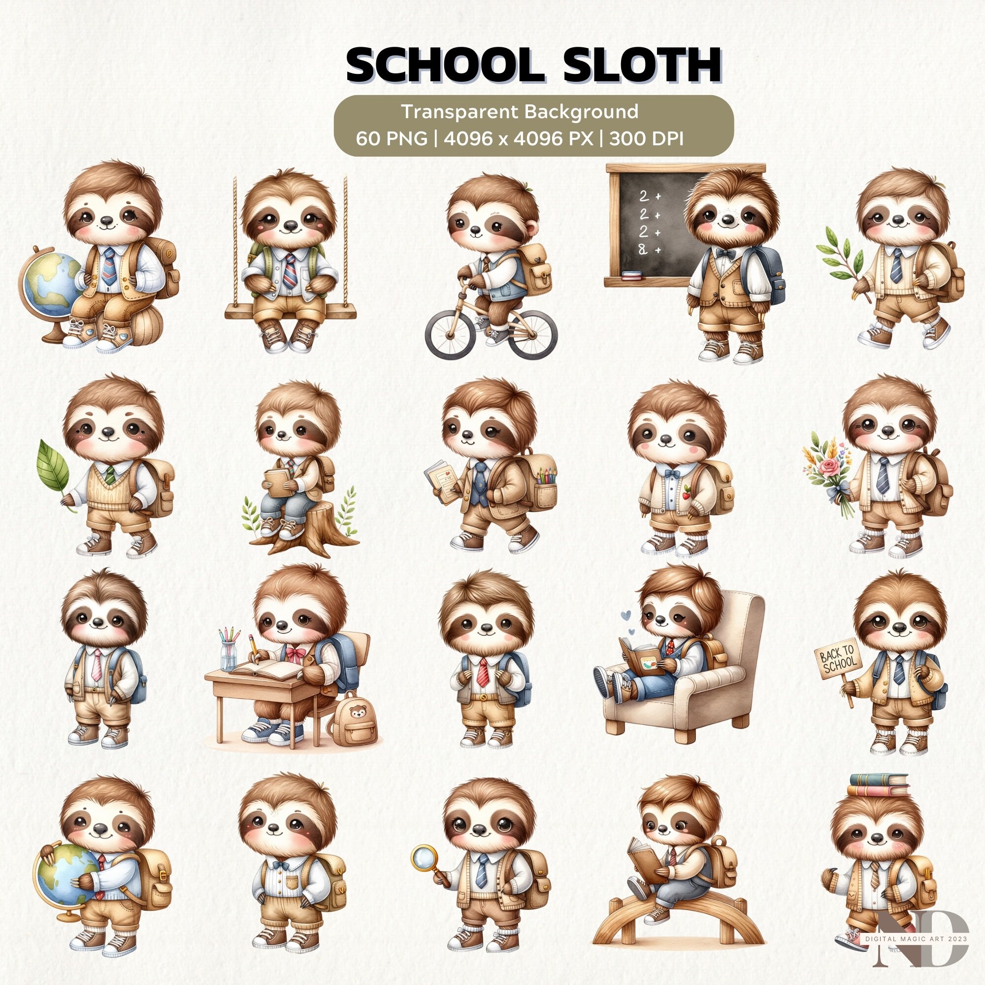 Watercolor School Sloth Clipart Cute Sloth PNG Kids School Back to ...