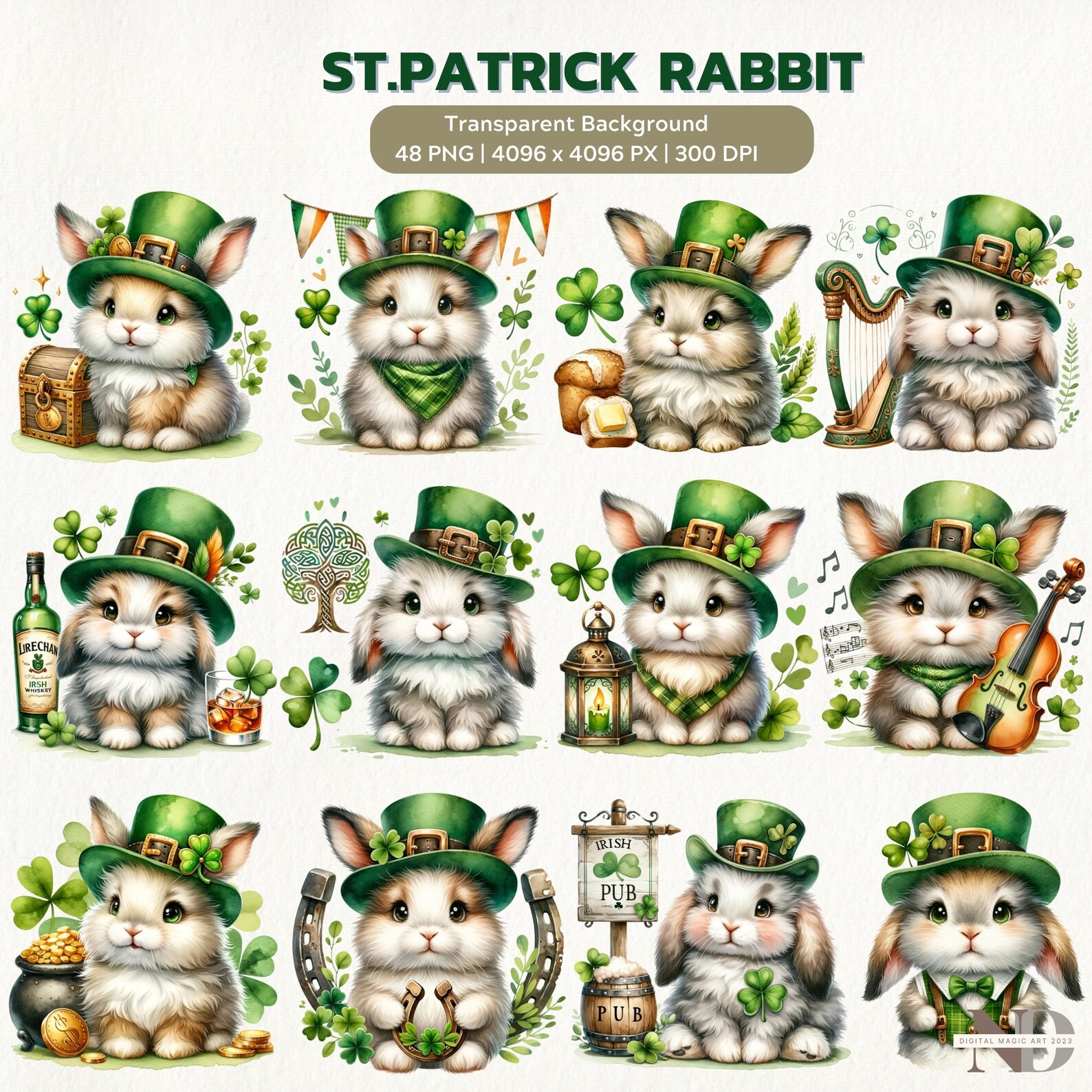 Watercolor St.patrick Rabbit Clipart Cute Rabbit PNG St.patricks Day ...
