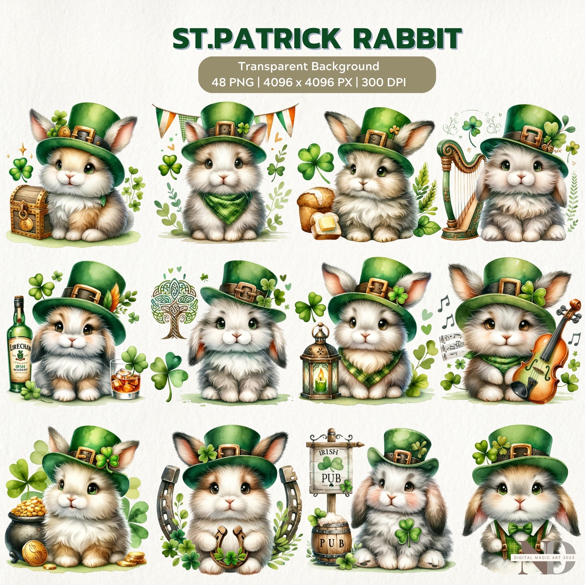 Watercolor St.patrick Rabbit Clipart Cute Rabbit PNG St.patricks Day ...