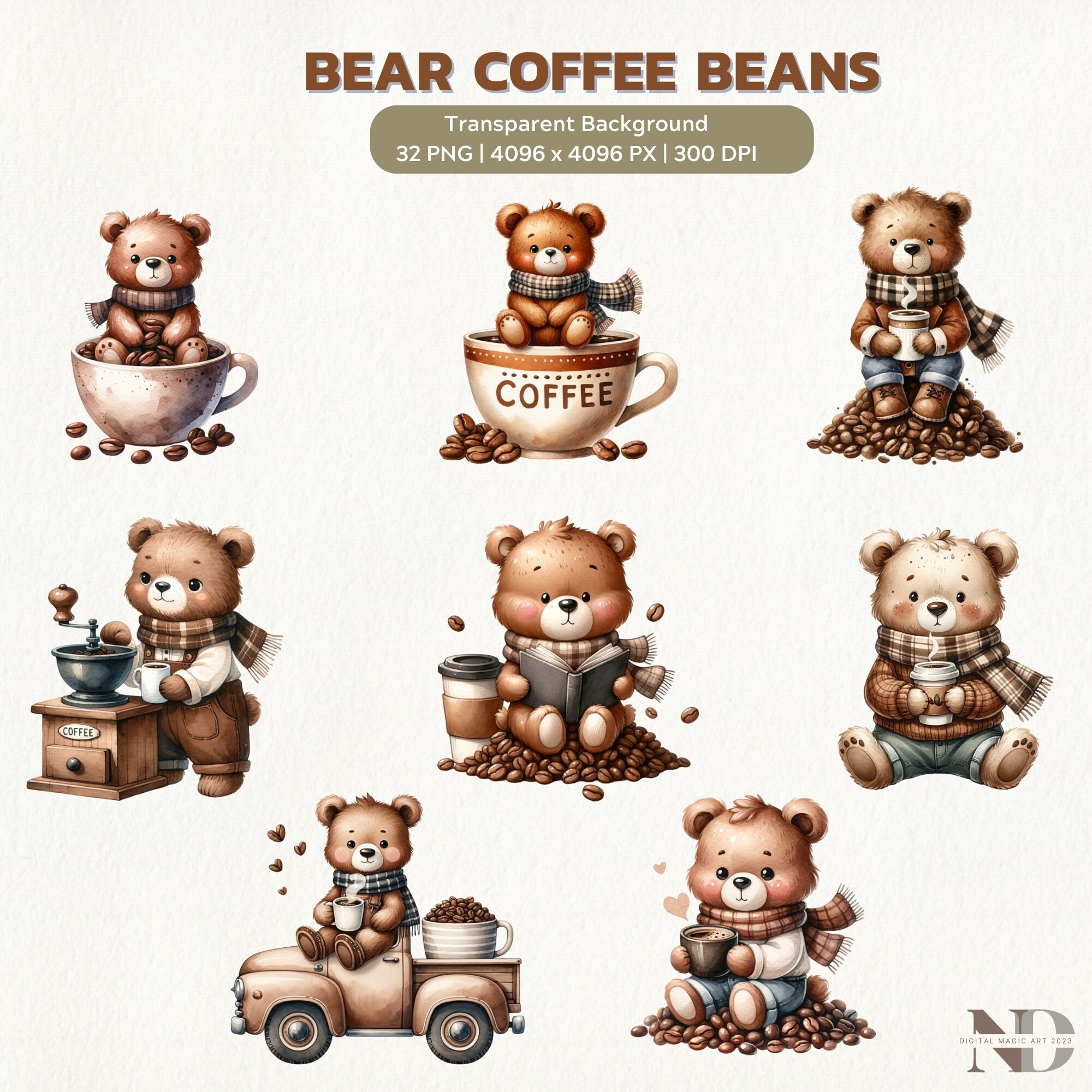 Watercolor Coffee Lover Bear Clipart Coffee Bear PNG Coffee Bean Bear ...