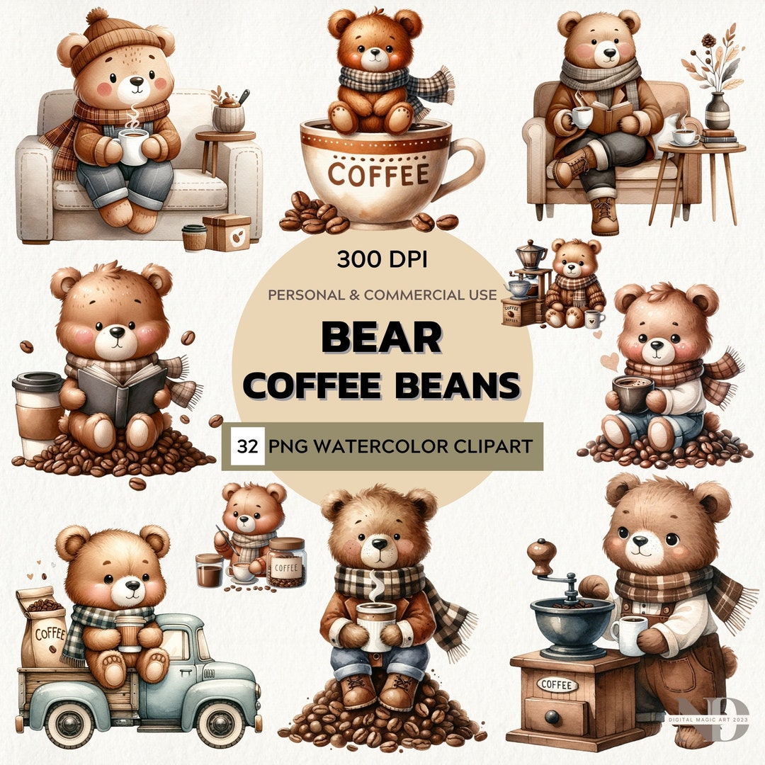 Watercolor Coffee Lover Bear Clipart Coffee Bear PNG Coffee Bean Bear ...