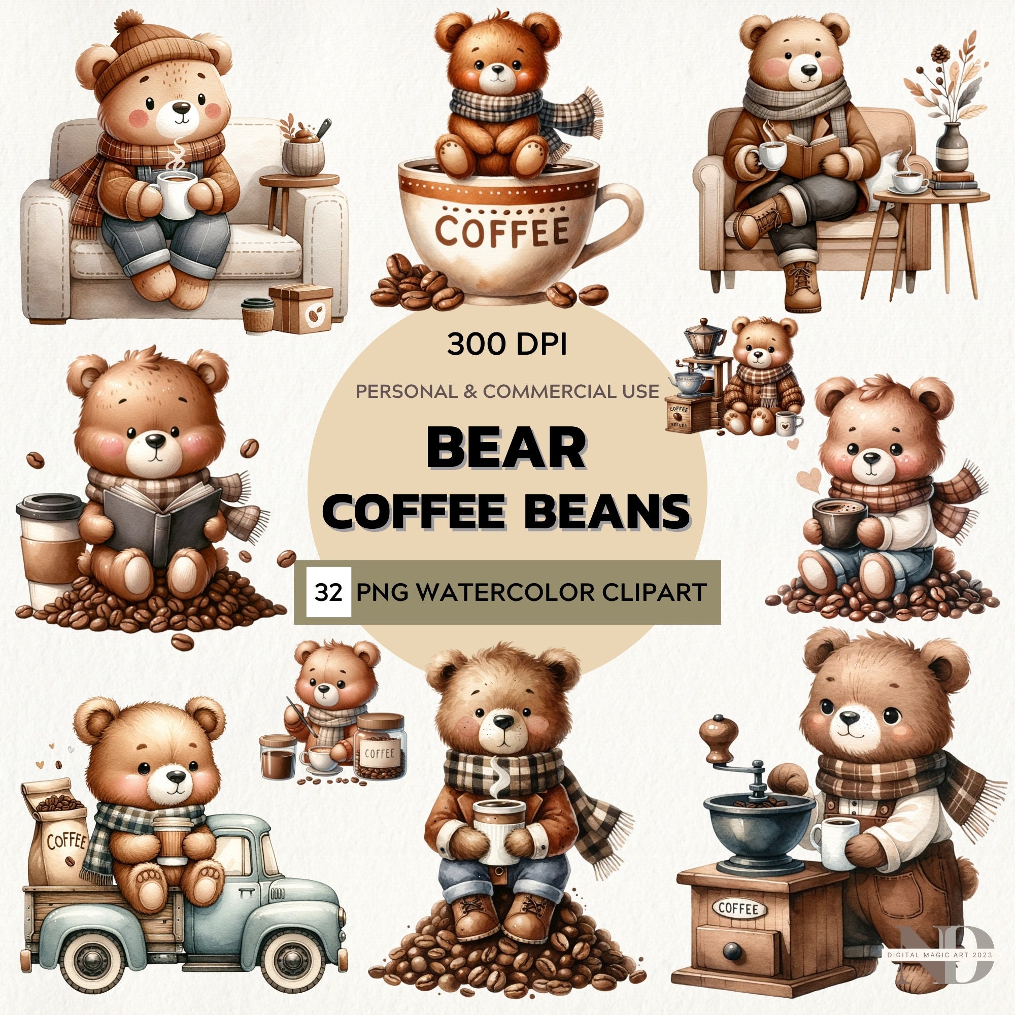 Watercolor Coffee Lover Bear Clipart Coffee Bear PNG Coffee Bean Bear ...