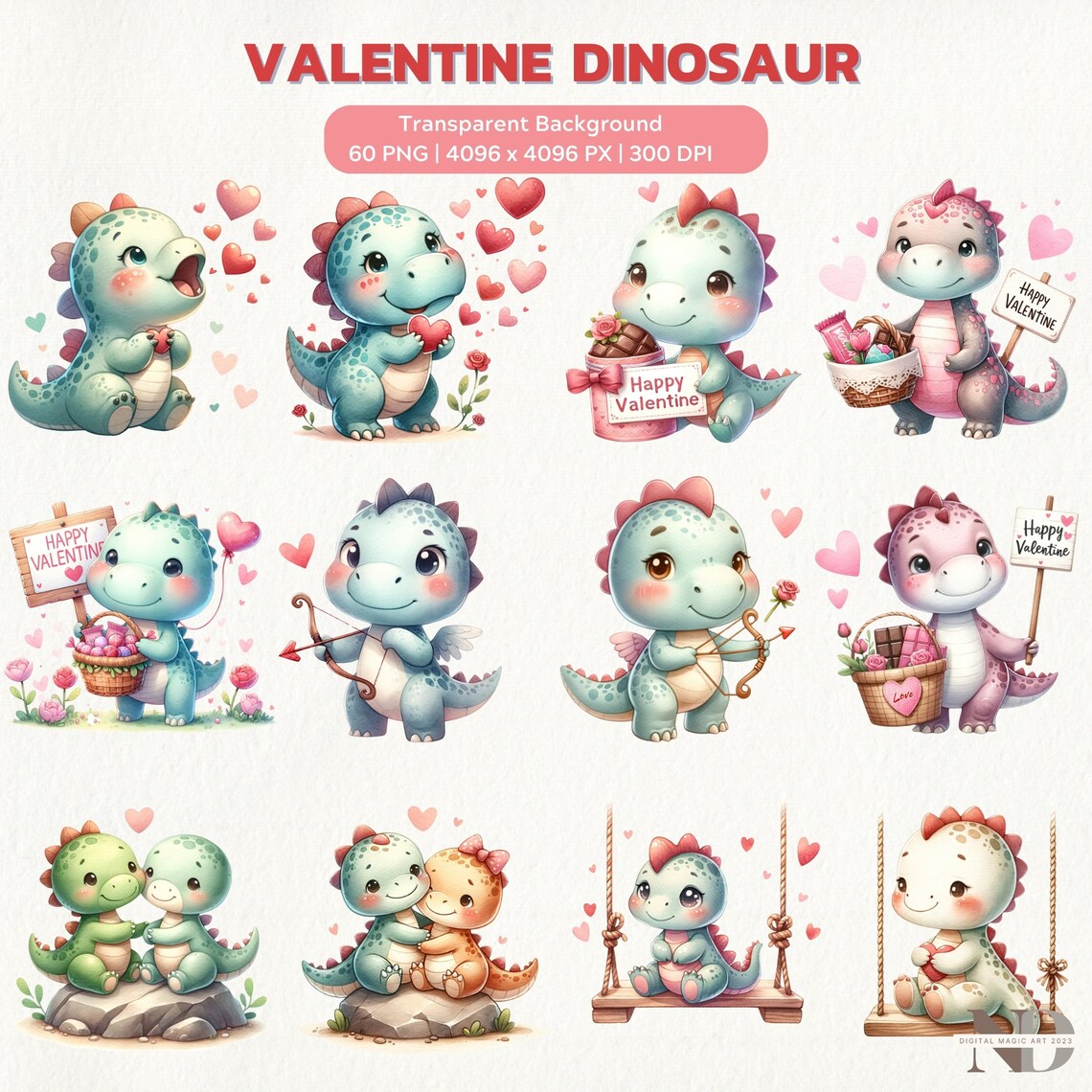Watercolor Valentine Dinosaur Clipart Dinosaur PNG Valentine Clipart ...
