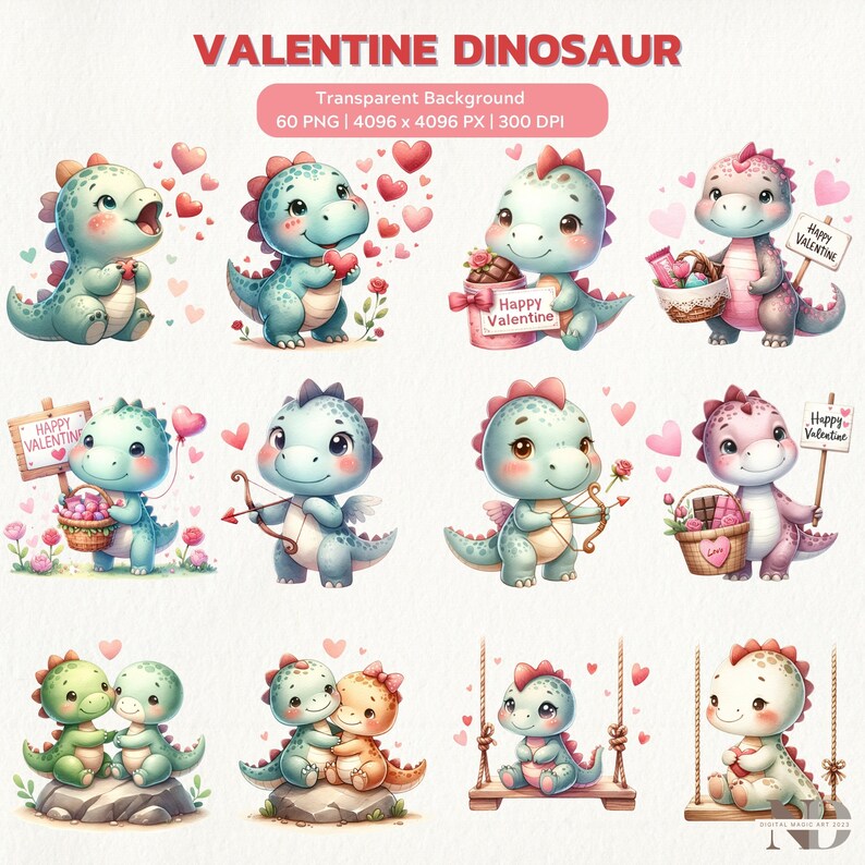 Watercolor Valentine Dinosaur Clipart Dinosaur PNG Valentine Clipart ...
