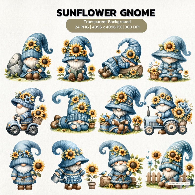Watercolor Sunflower Gnome Clipart Cute Gnome PNG Spring Flower Clipart ...