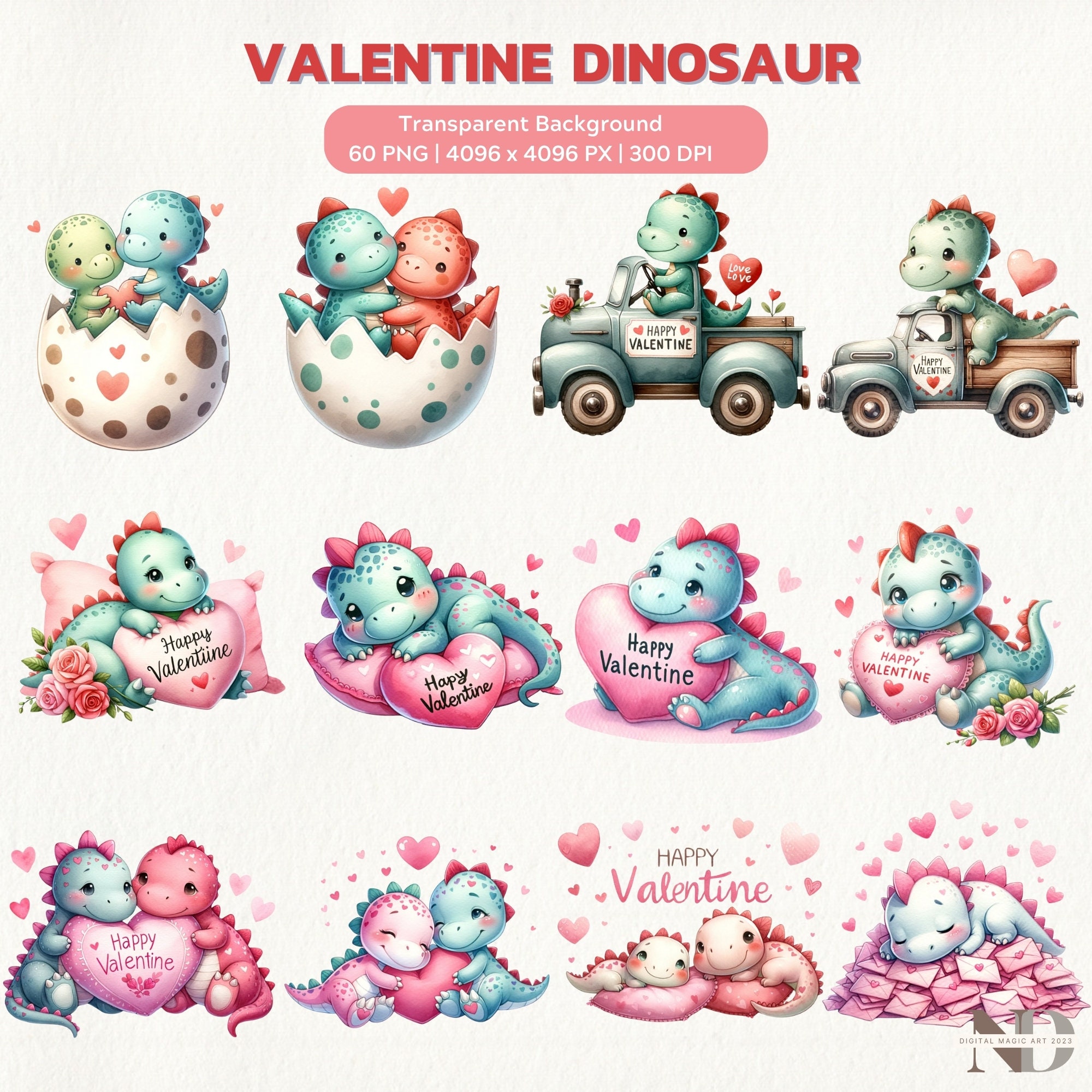 Watercolor Valentine Dinosaur Clipart Dinosaur PNG Valentine Clipart ...
