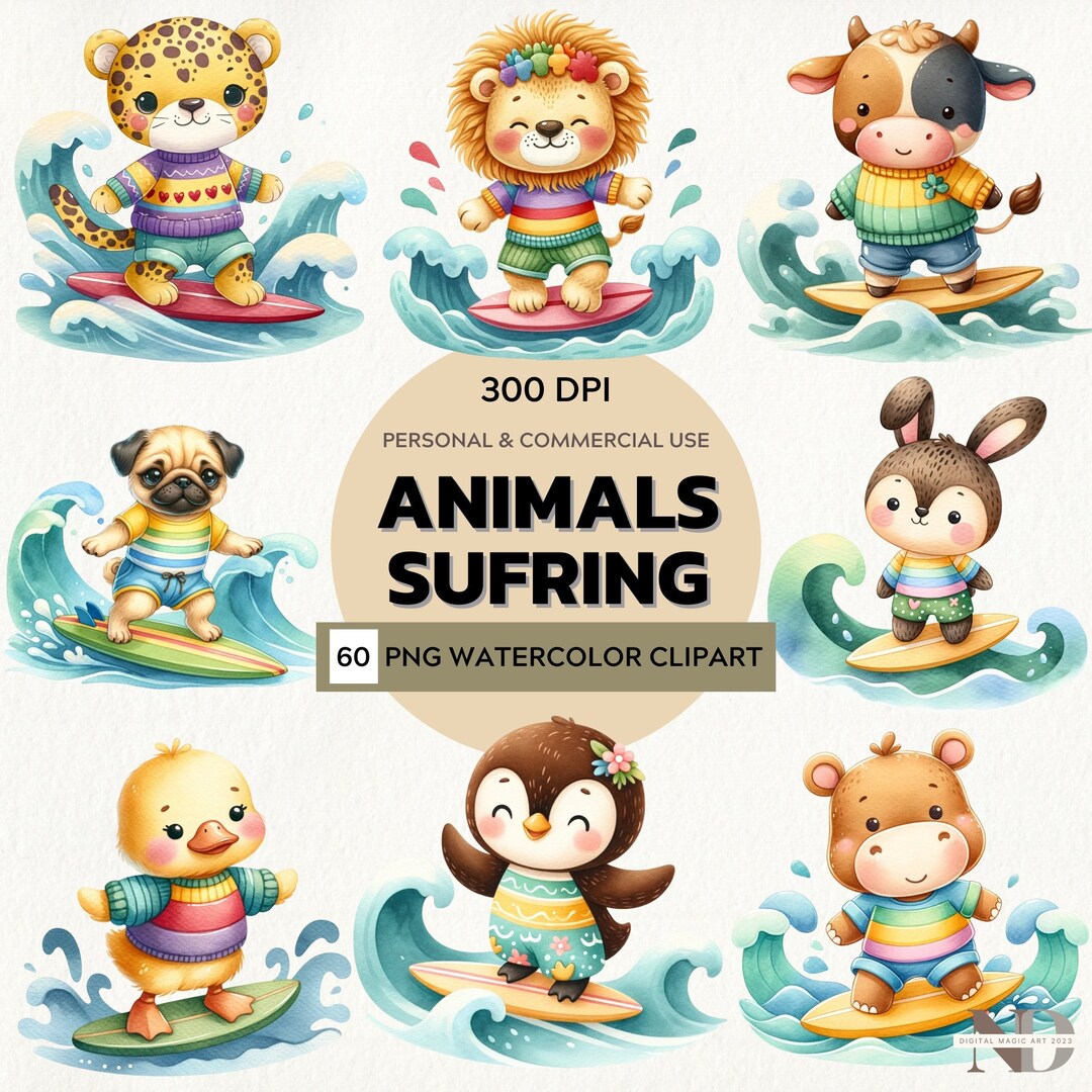 Watercolor Animals Surfing Clipart Surf Animals PNG Sea and Beach ...