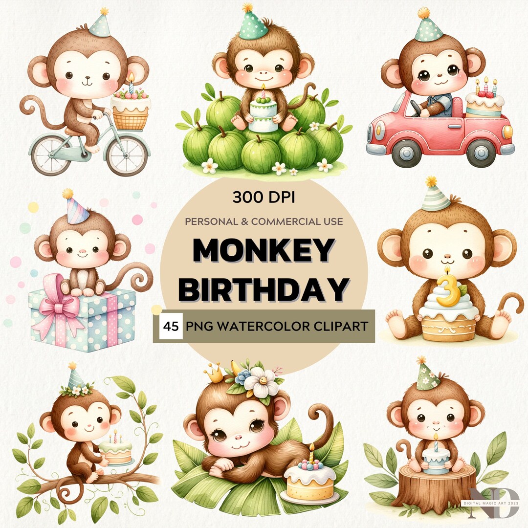 Cute Monkey Birthday Clipart Baby and Kids Birthday Gifts Monkey Lover ...