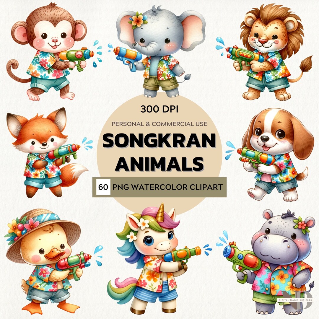 Watercolor Songkran Animals Clipart Woodland Animals Songkran Clipart ...