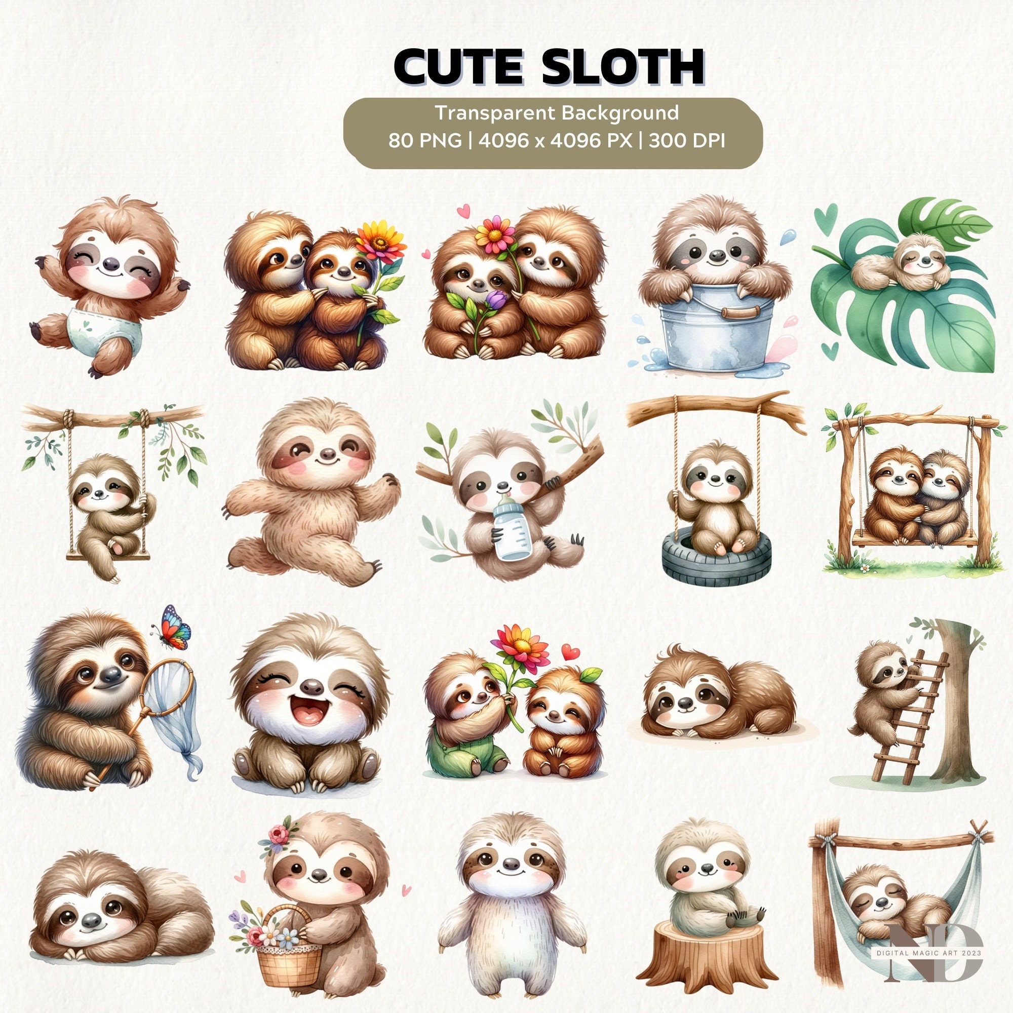Watercolor Cute Sloth Clipart Sloth PNG Baby Sloth Clipart Cute Animal ...