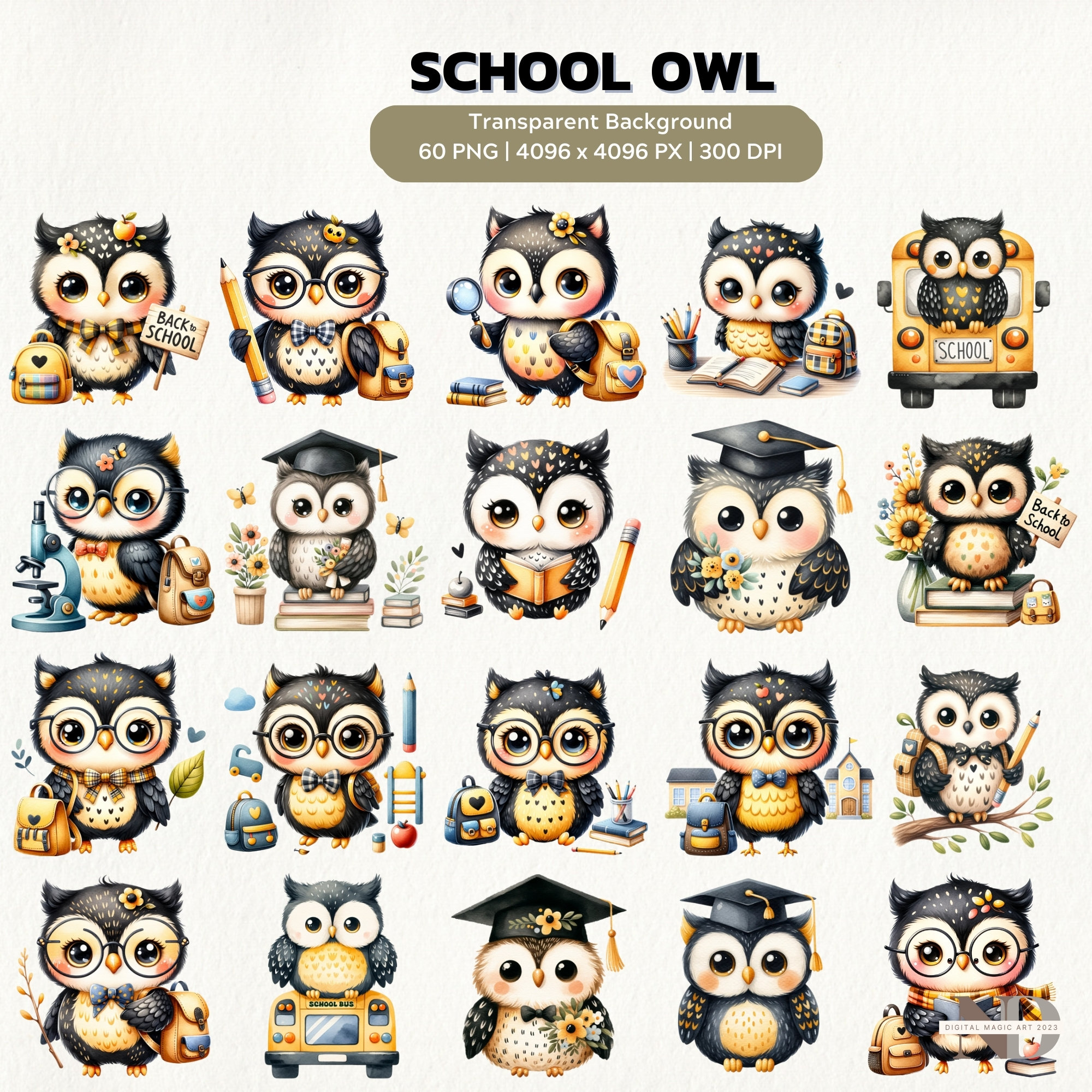 Watercolor School Owl Clipart Cute Owl PNG Kids School Students Clipart ...