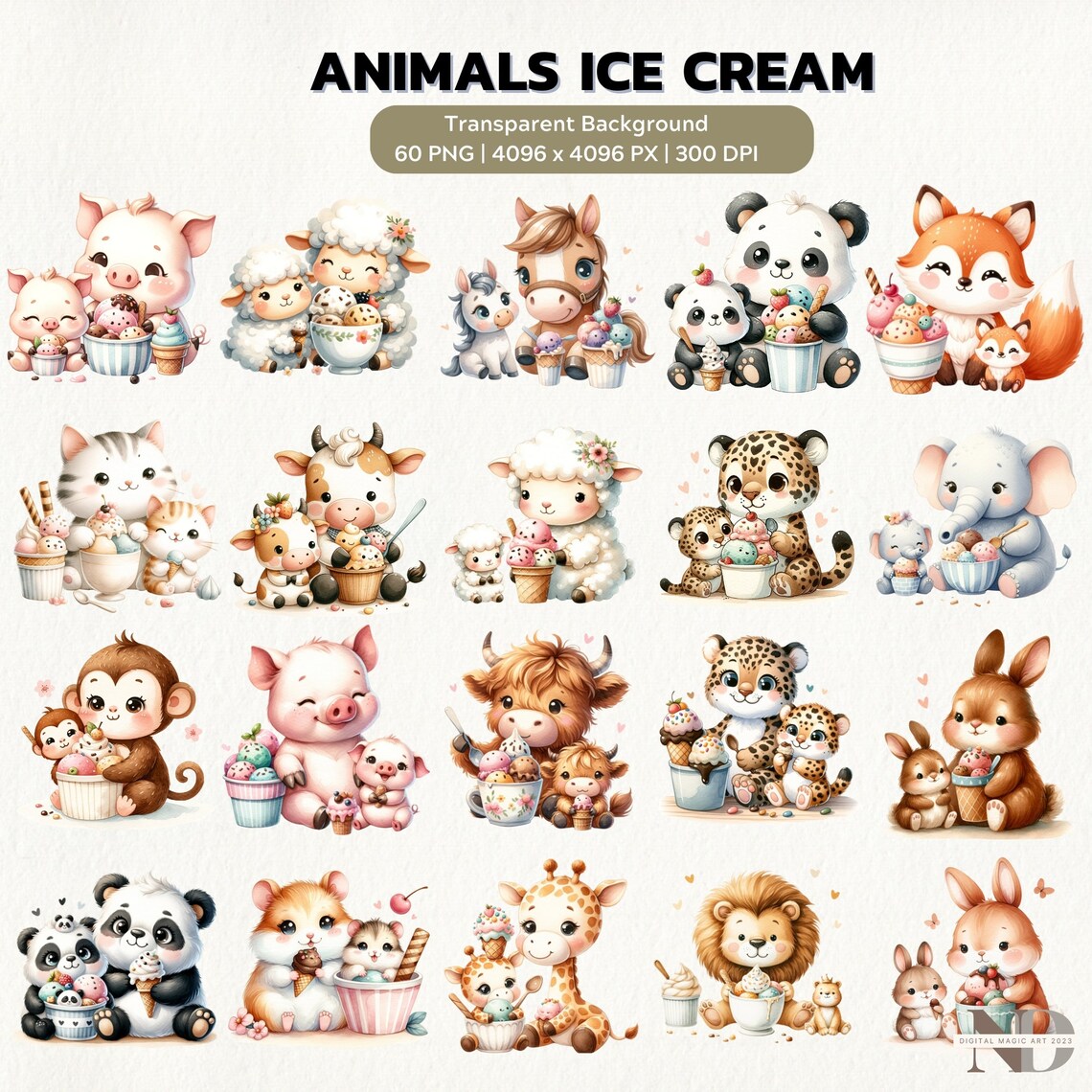 Animals Ice Cream Clipart Woodland Animals Mother's Day Clipart Summer ...