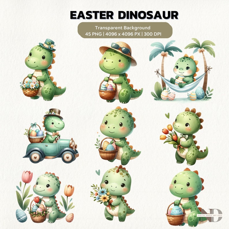 Watercolor Easter Dinosaur Clipart Cute Dinosaur PNG Easter Day Clipart ...