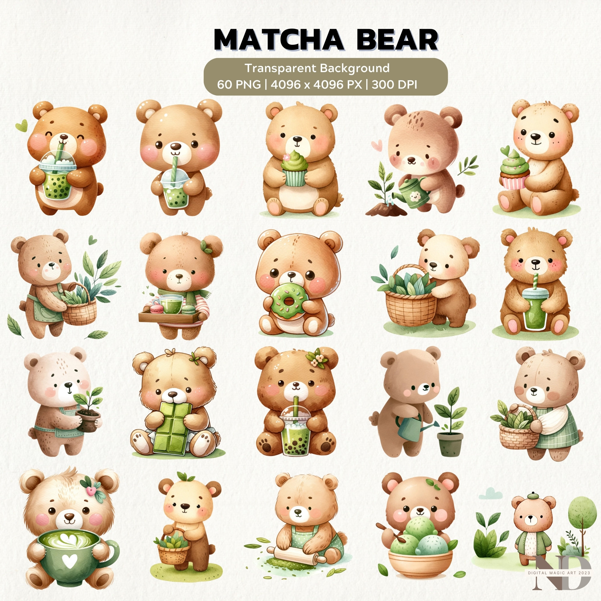 Matcha Bear Clipart Cute Bear PNG Matcha Green Tea Watercolor Tea ...