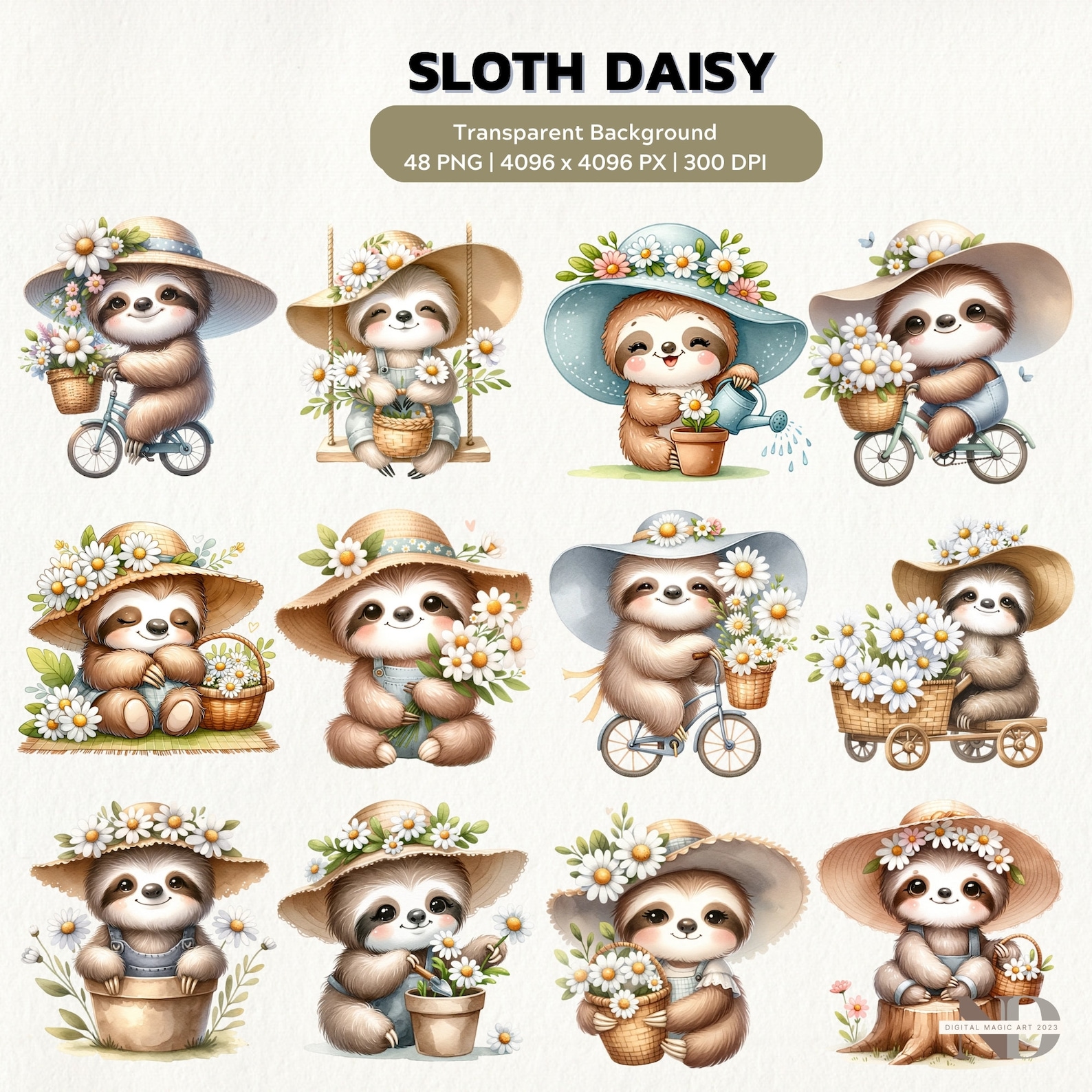 Watercolor Sloth Daisy Clipart Cute Sloth PNG Spring Daisy Flower Cute ...