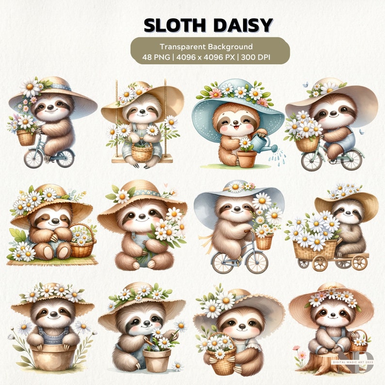 Watercolor Sloth Daisy Clipart Cute Sloth PNG Spring Daisy Flower Cute ...