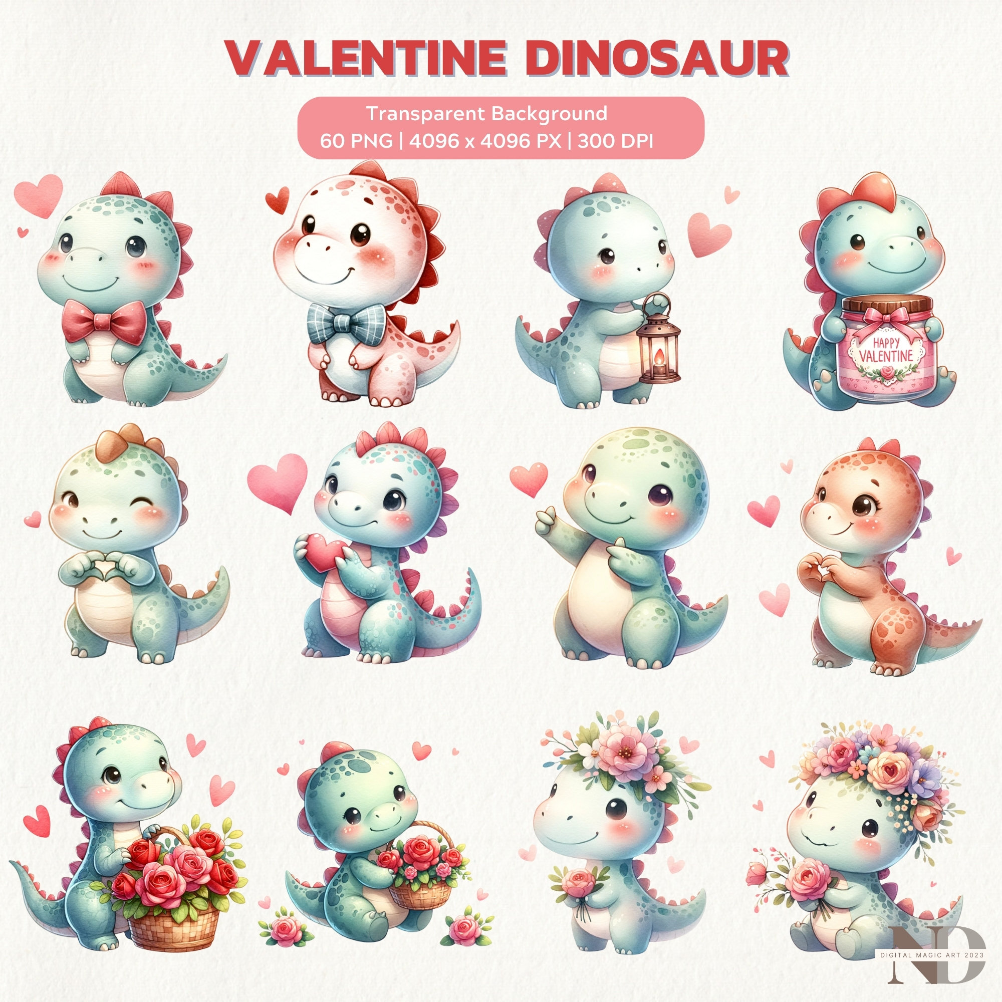 Watercolor Valentine Dinosaur Clipart Dinosaur PNG Valentine Clipart ...