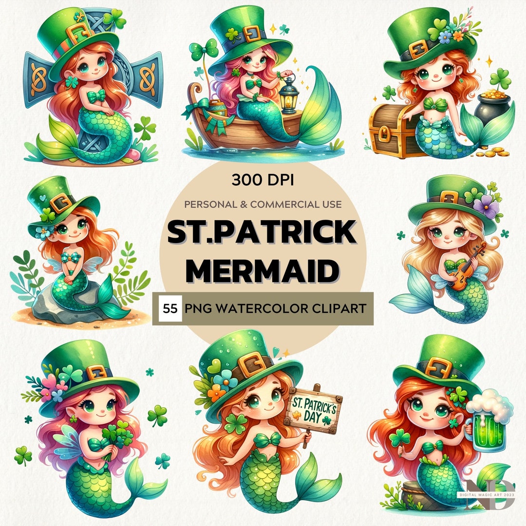 Watercolor St.patrick Mermaid Clipart Mermaid PNG St.patrick Clipart ...