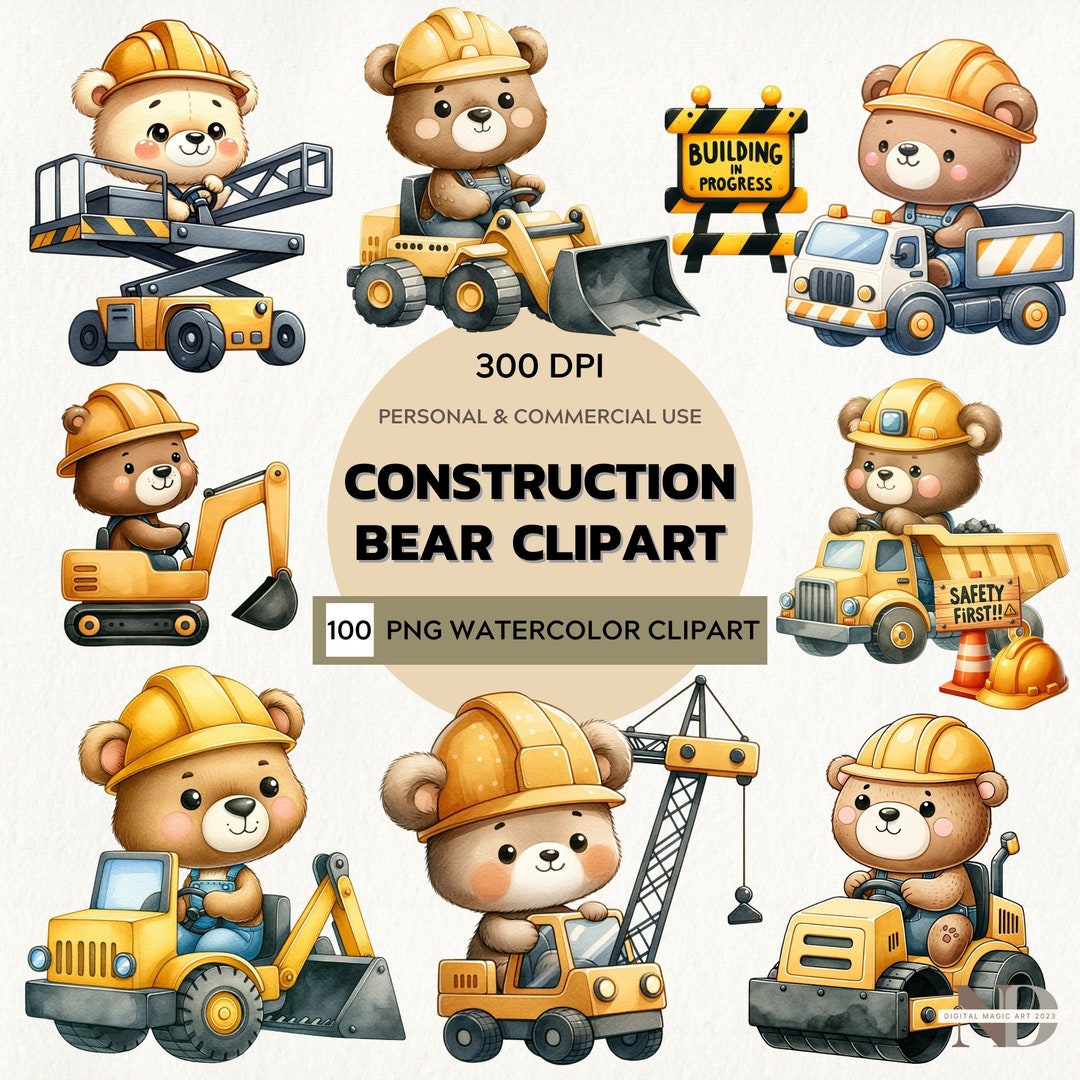 Watercolor Construction Bear Clipart Construction Vehicle Clipart ...