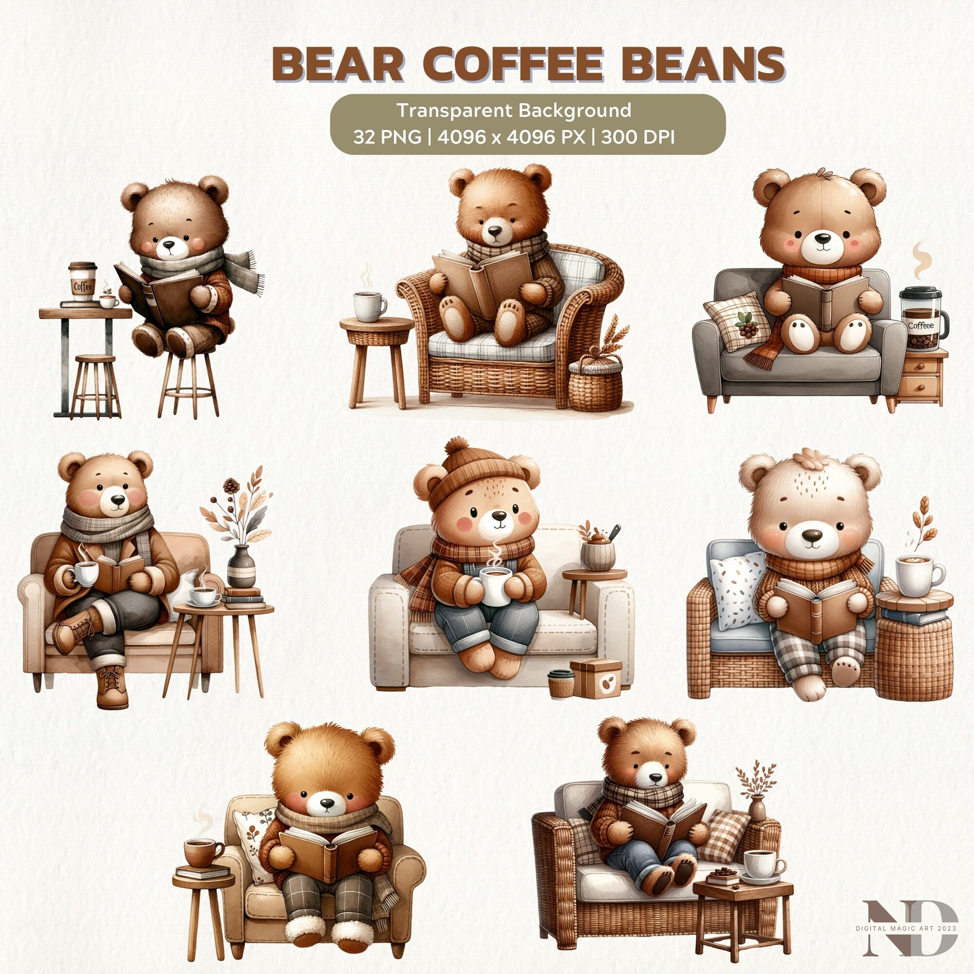 Watercolor Coffee Lover Bear Clipart Coffee Bear PNG Coffee Bean Bear ...