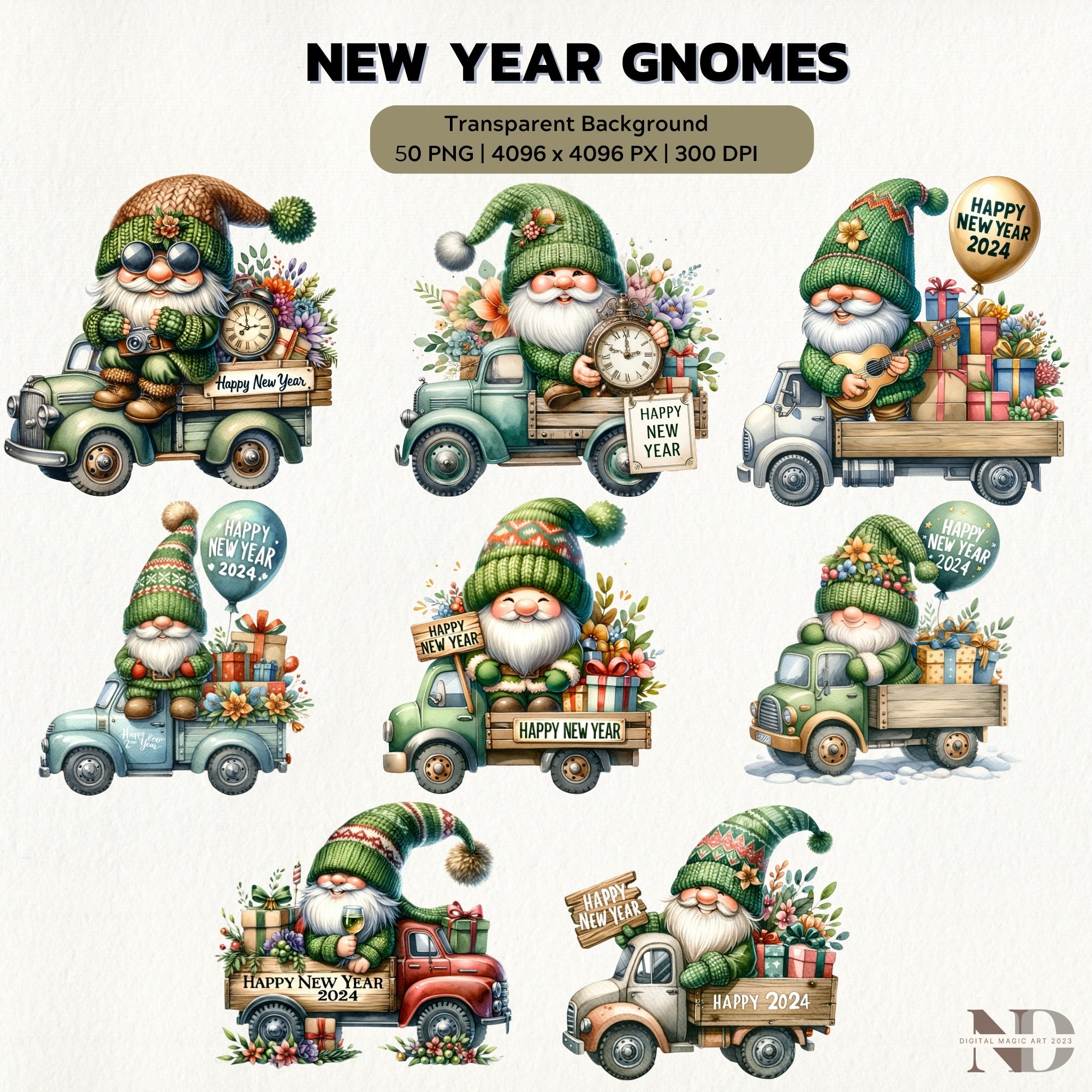 Watercolor New Year Gnome Clipart 2024 Happy New Year Clipart Cute ...