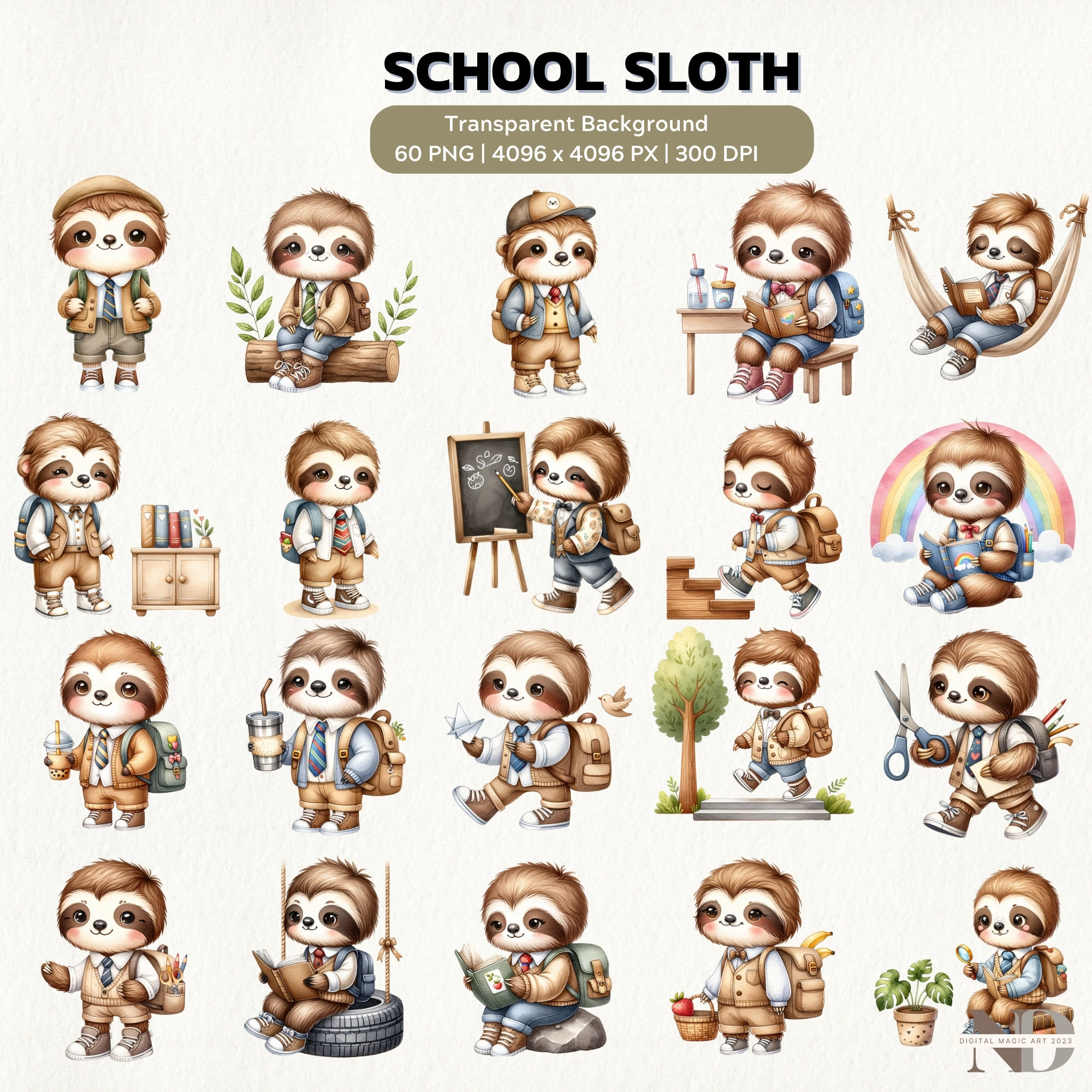 Watercolor School Sloth Clipart Cute Sloth PNG Kids School Back to ...