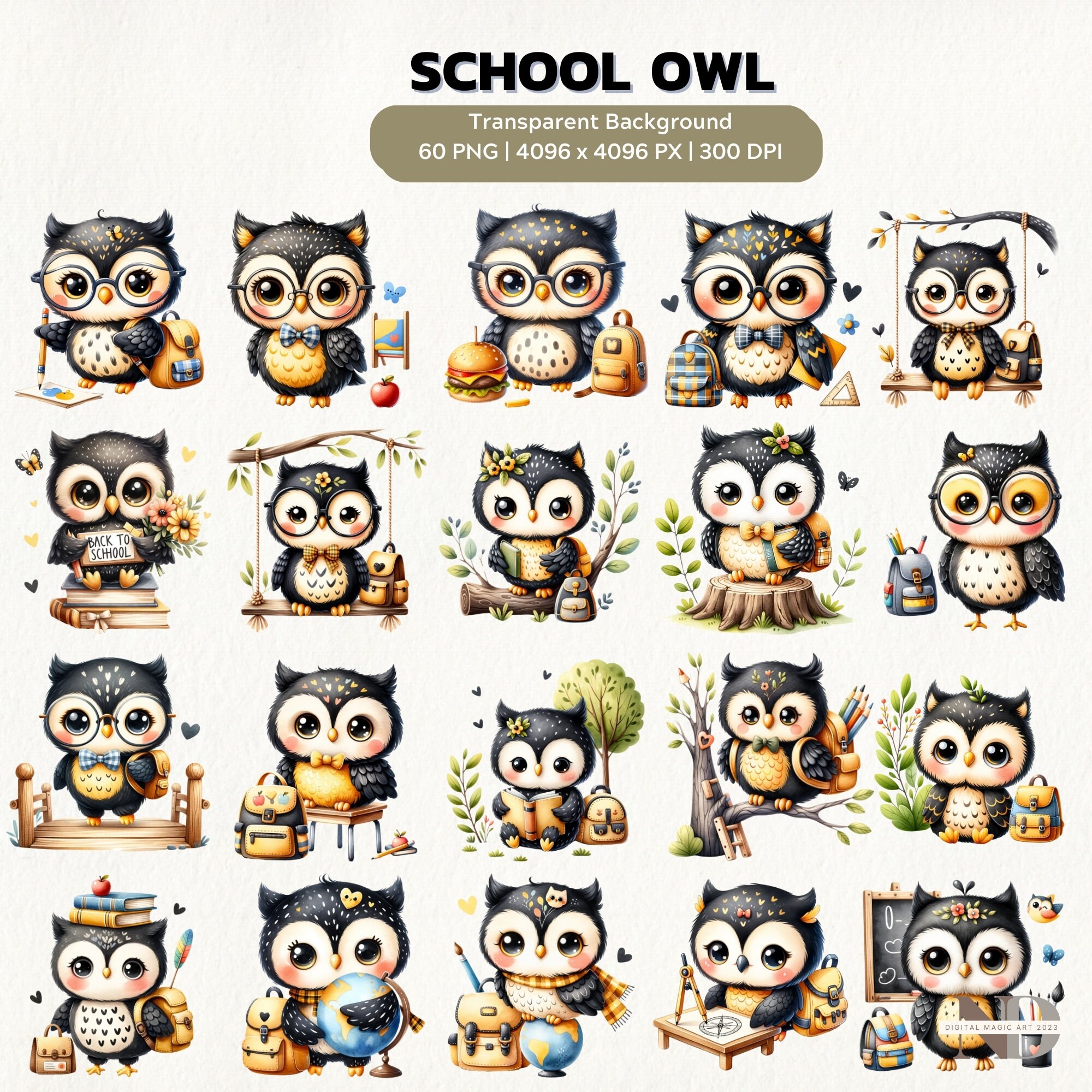 Watercolor School Owl Clipart Cute Owl PNG Kids School Students Clipart ...