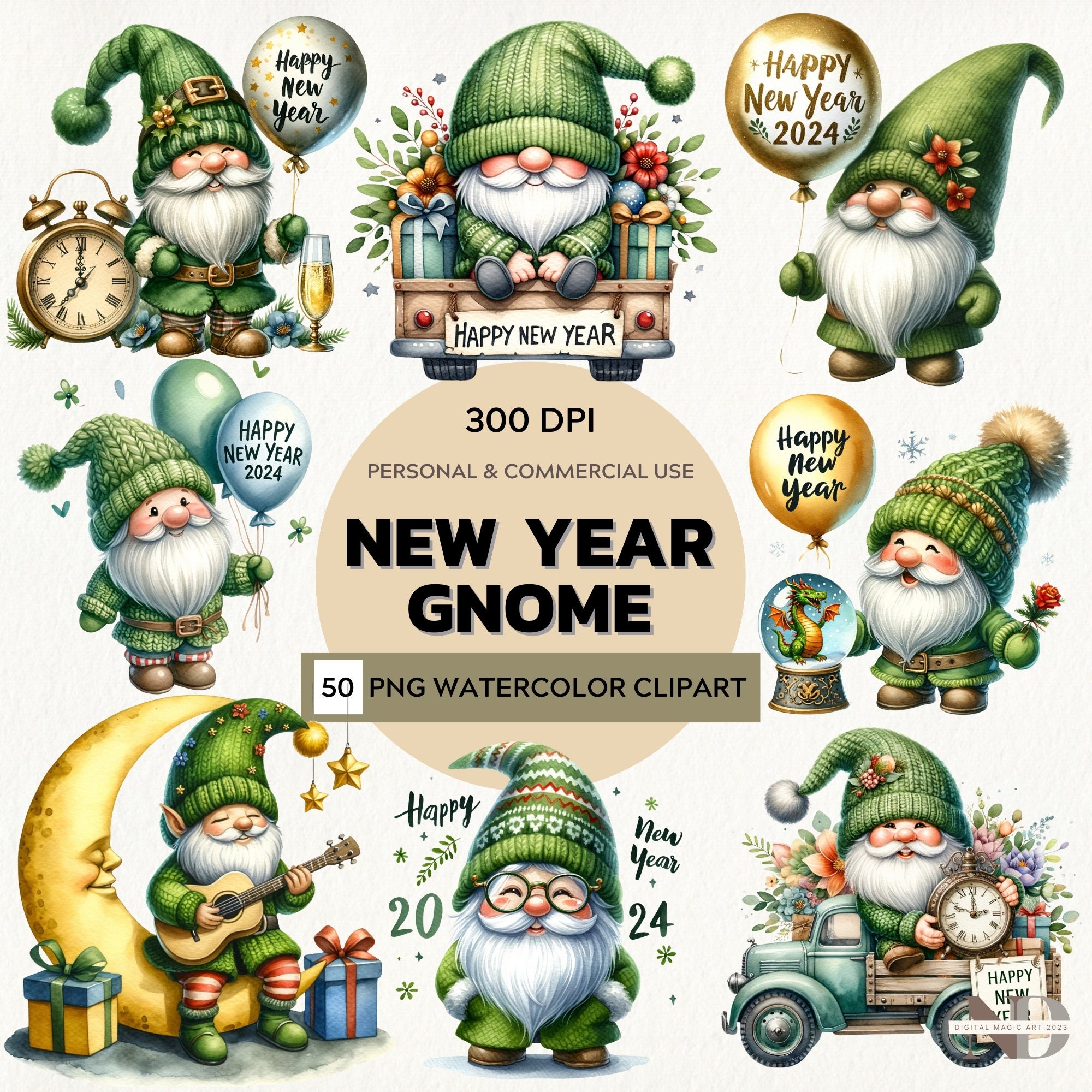 Watercolor New Year Gnome Clipart 2024 Happy New Year Clipart Cute ...