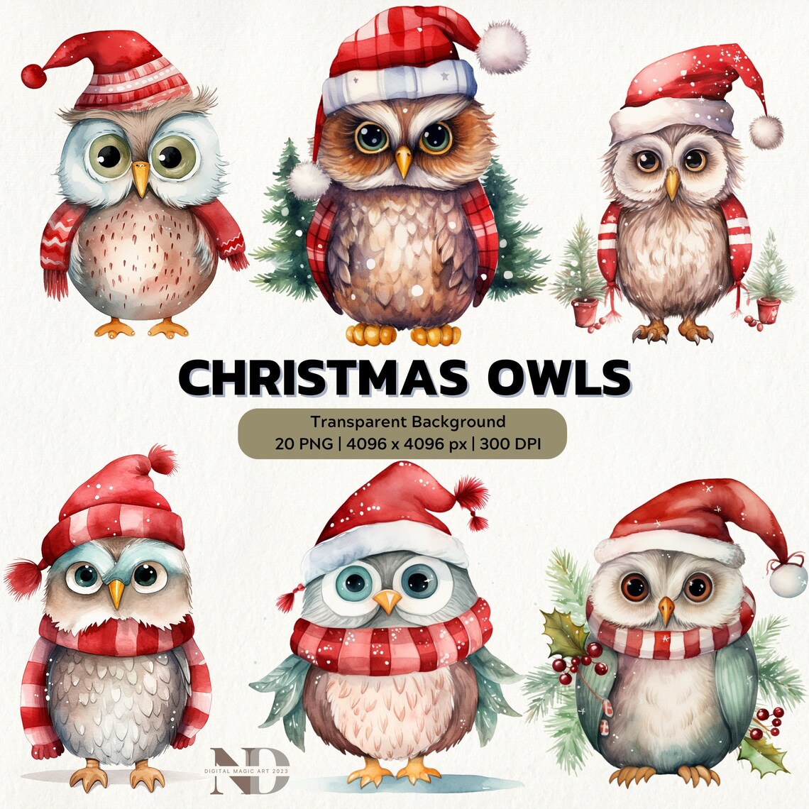Watercolor Christmas Owls Clipart Christmas Clipart Animals Clipart Owl ...