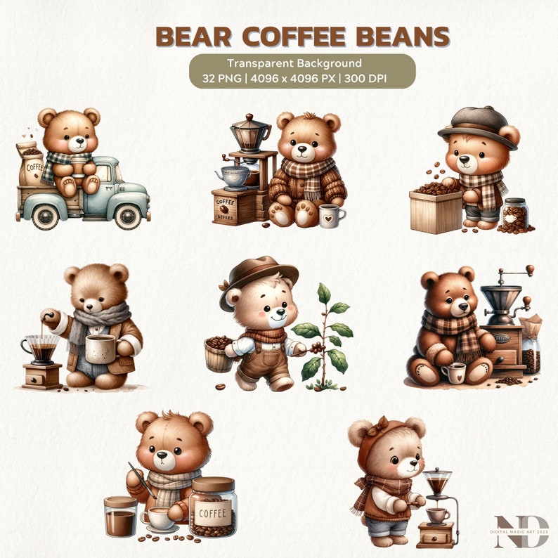 Watercolor Coffee Lover Bear Clipart Coffee Bear PNG Coffee Bean Bear ...