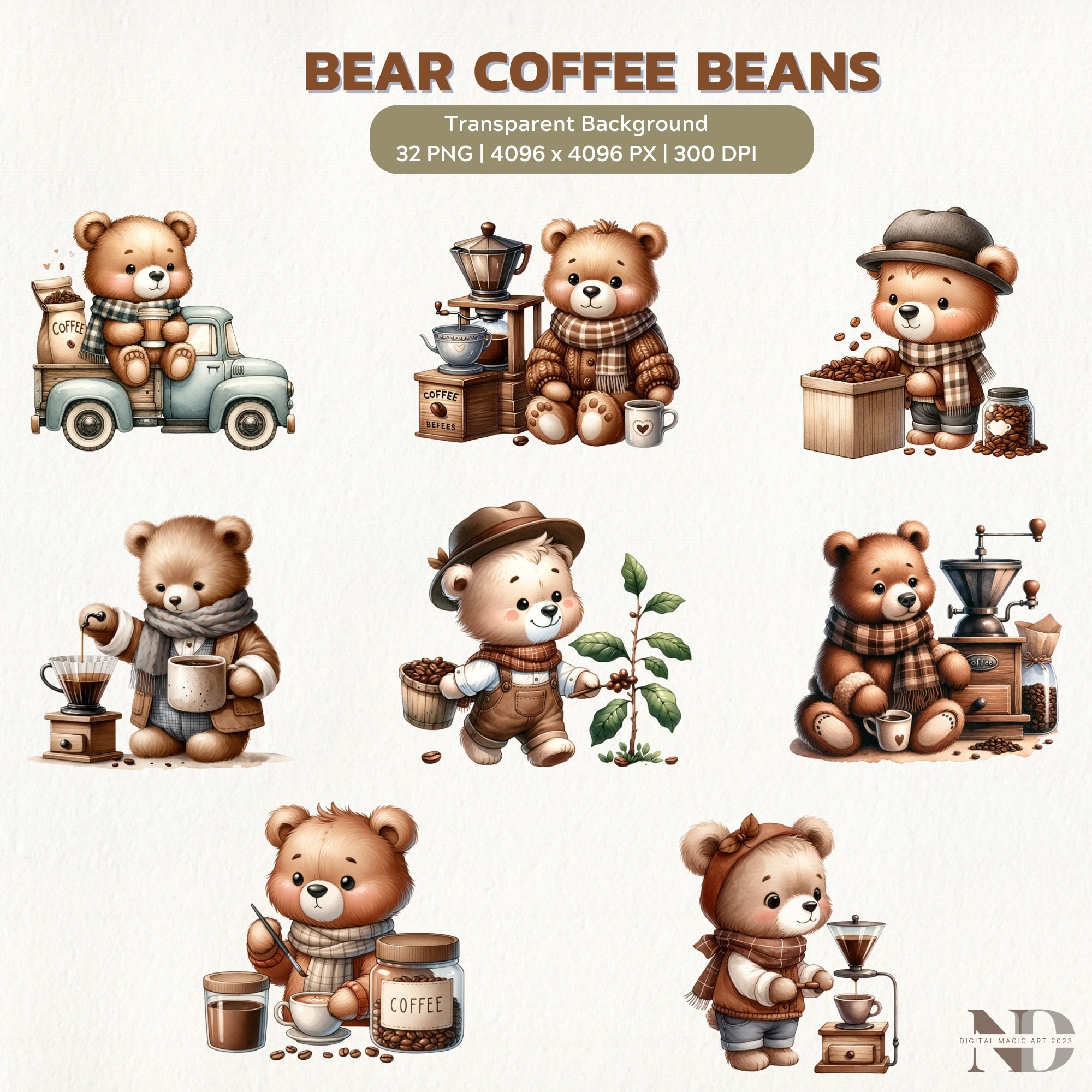 Watercolor Coffee Lover Bear Clipart Coffee Bear PNG Coffee Bean Bear ...