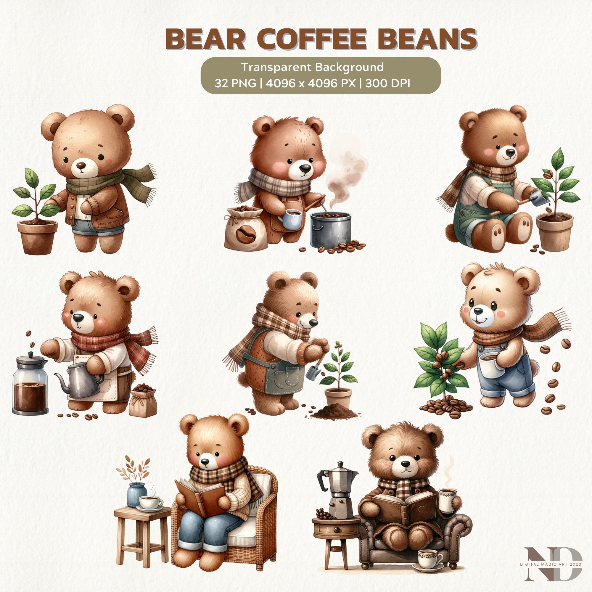 Watercolor Coffee Lover Bear Clipart Coffee Bear PNG Coffee Bean Bear ...