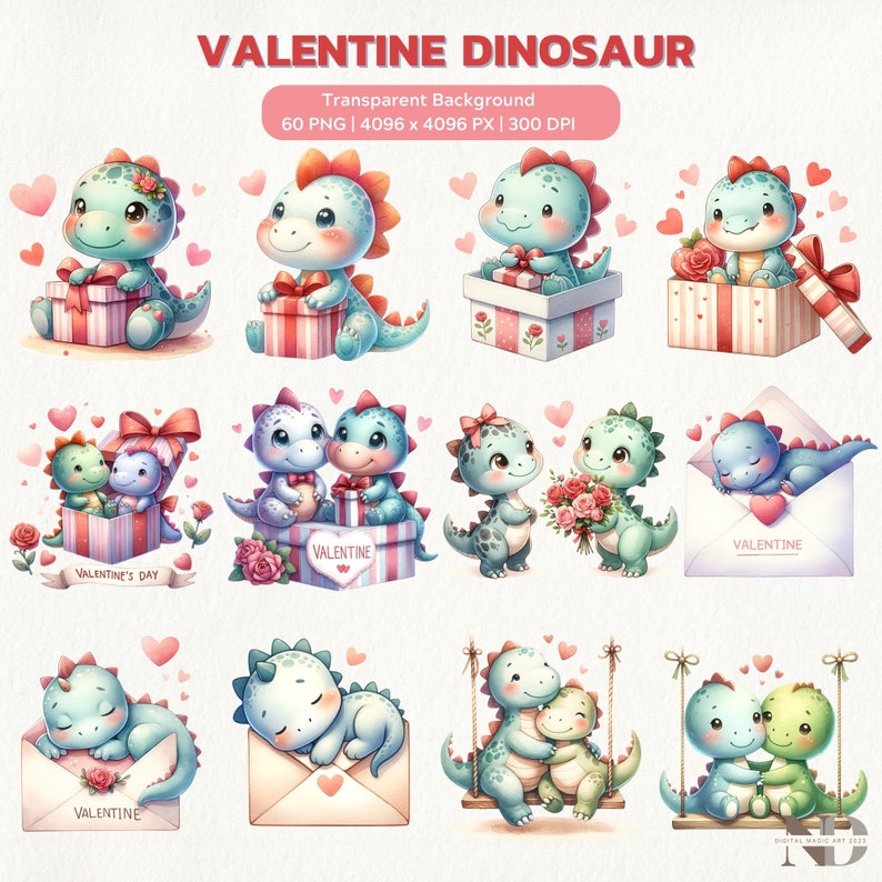 Watercolor Valentine Dinosaur Clipart Dinosaur PNG Valentine Clipart ...