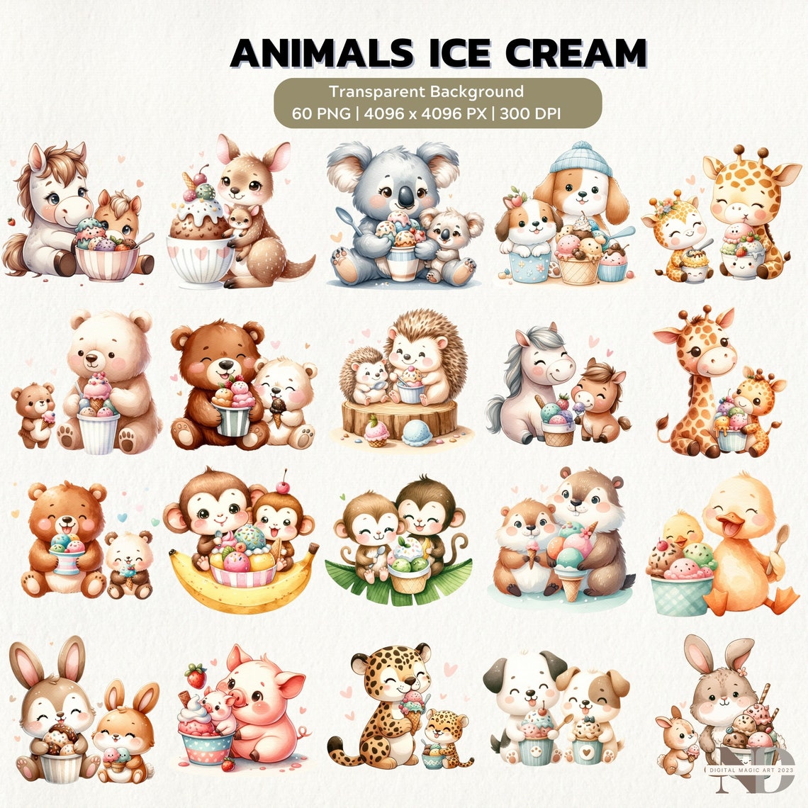 Animals Ice Cream Clipart Woodland Animals Mother's Day Clipart Summer ...