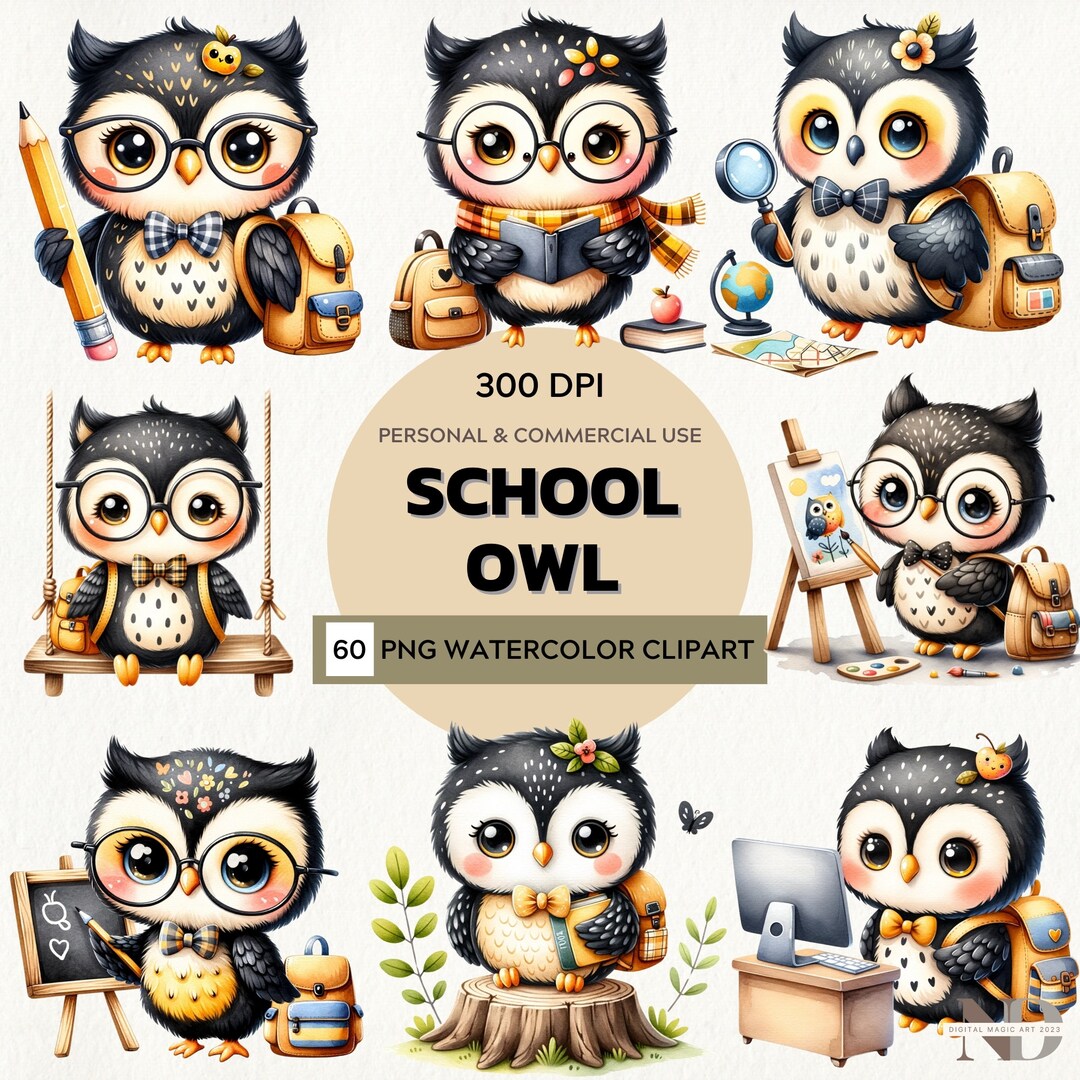 Watercolor School Owl Clipart Cute Owl PNG Kids School Students Clipart ...