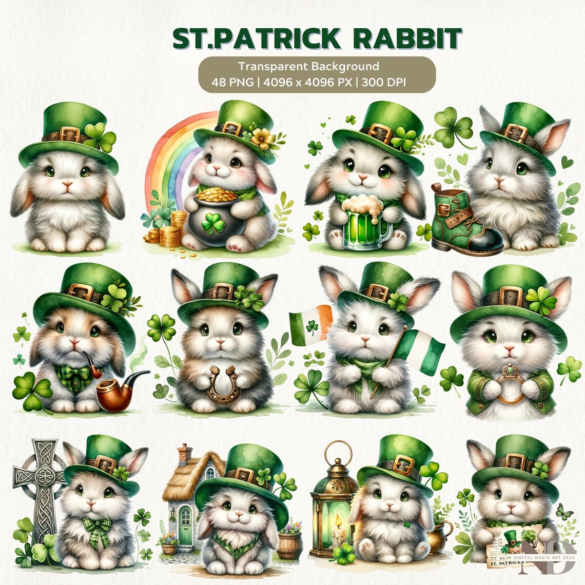 Watercolor St.patrick Rabbit Clipart Cute Rabbit PNG St.patricks Day ...