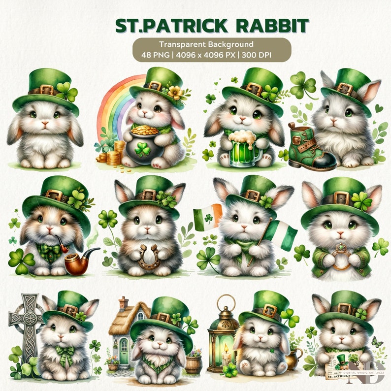 Watercolor St.patrick Rabbit Clipart Cute Rabbit PNG St.patricks Day ...