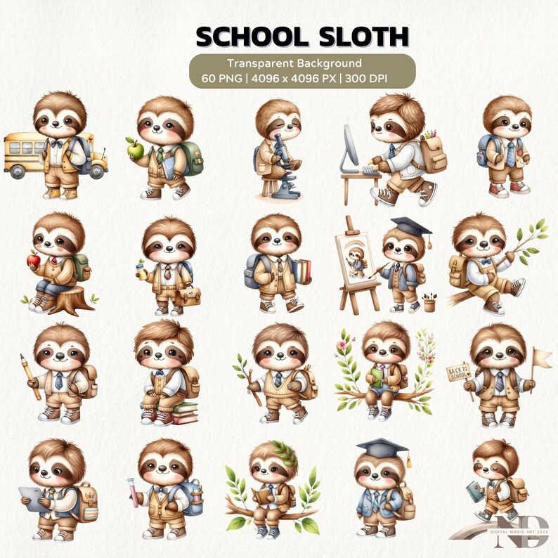 Watercolor School Sloth Clipart Cute Sloth PNG Kids School Back to ...