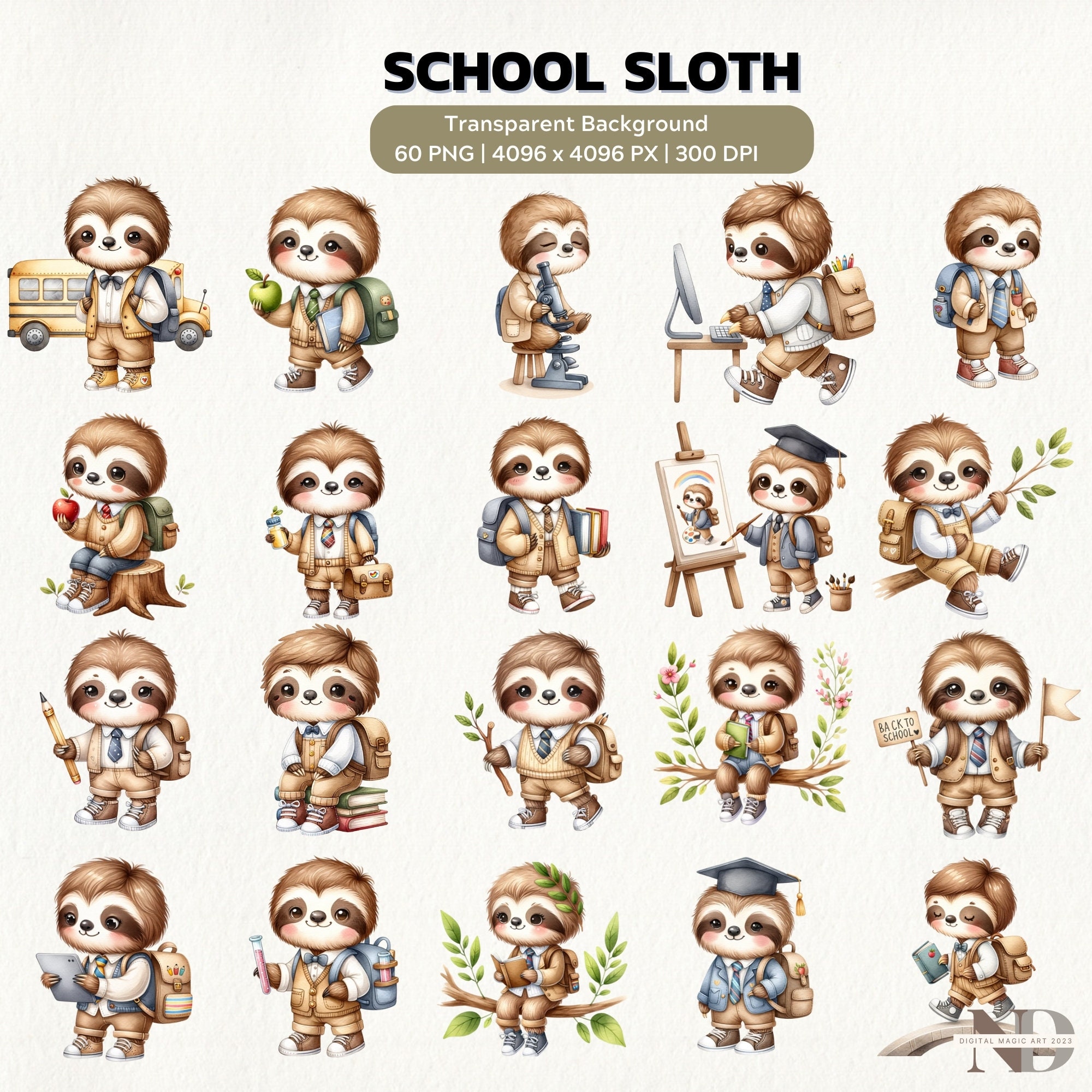 Watercolor School Sloth Clipart Cute Sloth PNG Kids School Back to ...