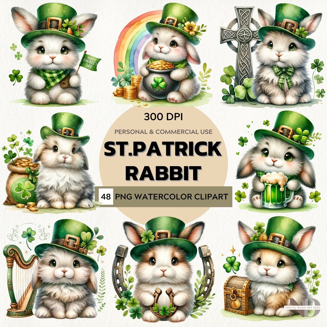 Watercolor St.patrick Rabbit Clipart Cute Rabbit PNG St.patricks Day ...