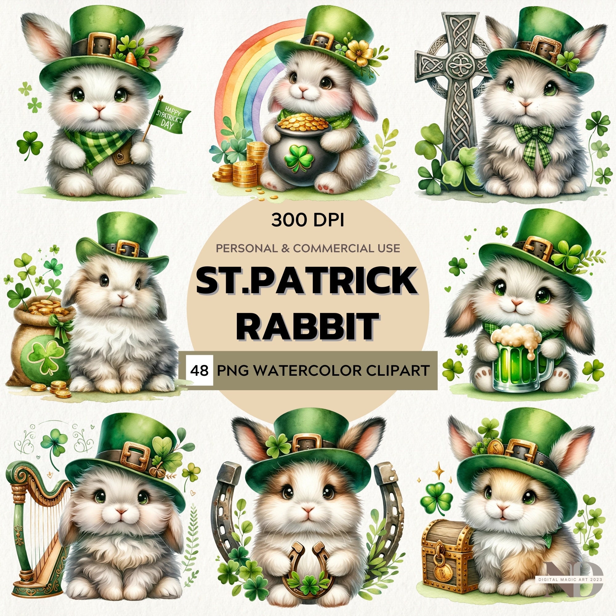 Watercolor St.patrick Rabbit Clipart Cute Rabbit PNG St.patricks Day ...