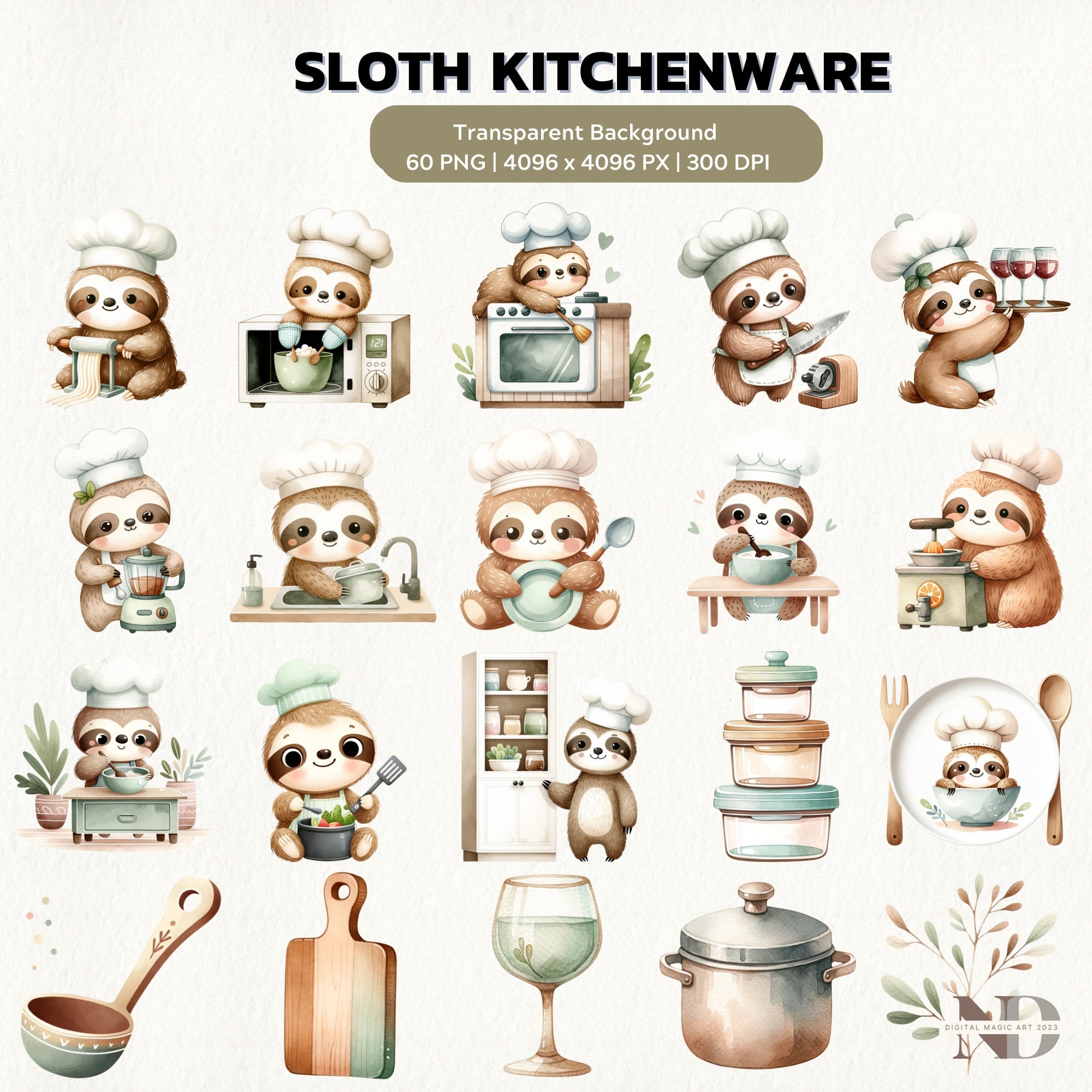 Cute Sloth Kitchenware Clipart Sloth PNG Kitchen Clipart Cute Animal ...