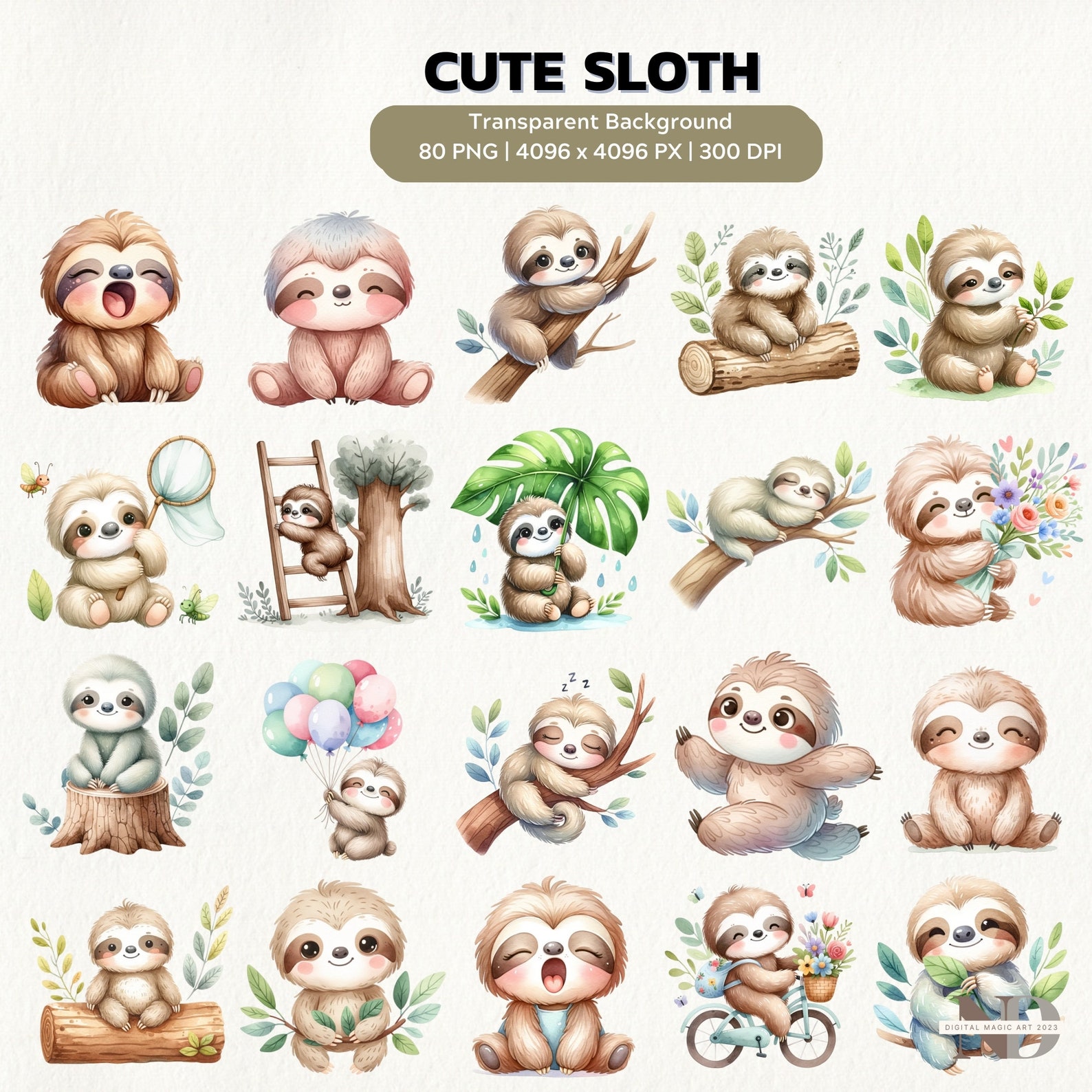 Watercolor Cute Sloth Clipart Sloth PNG Baby Sloth Clipart Cute Animal ...