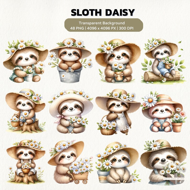 Watercolor Sloth Daisy Clipart Cute Sloth PNG Spring Daisy Flower Cute ...